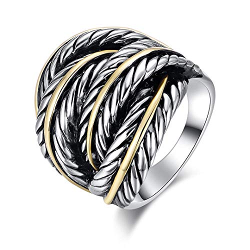 2 Tone Intertwined Crossover Statement Ring Fashion Chunky Band Cale Wire Rings for Women Men