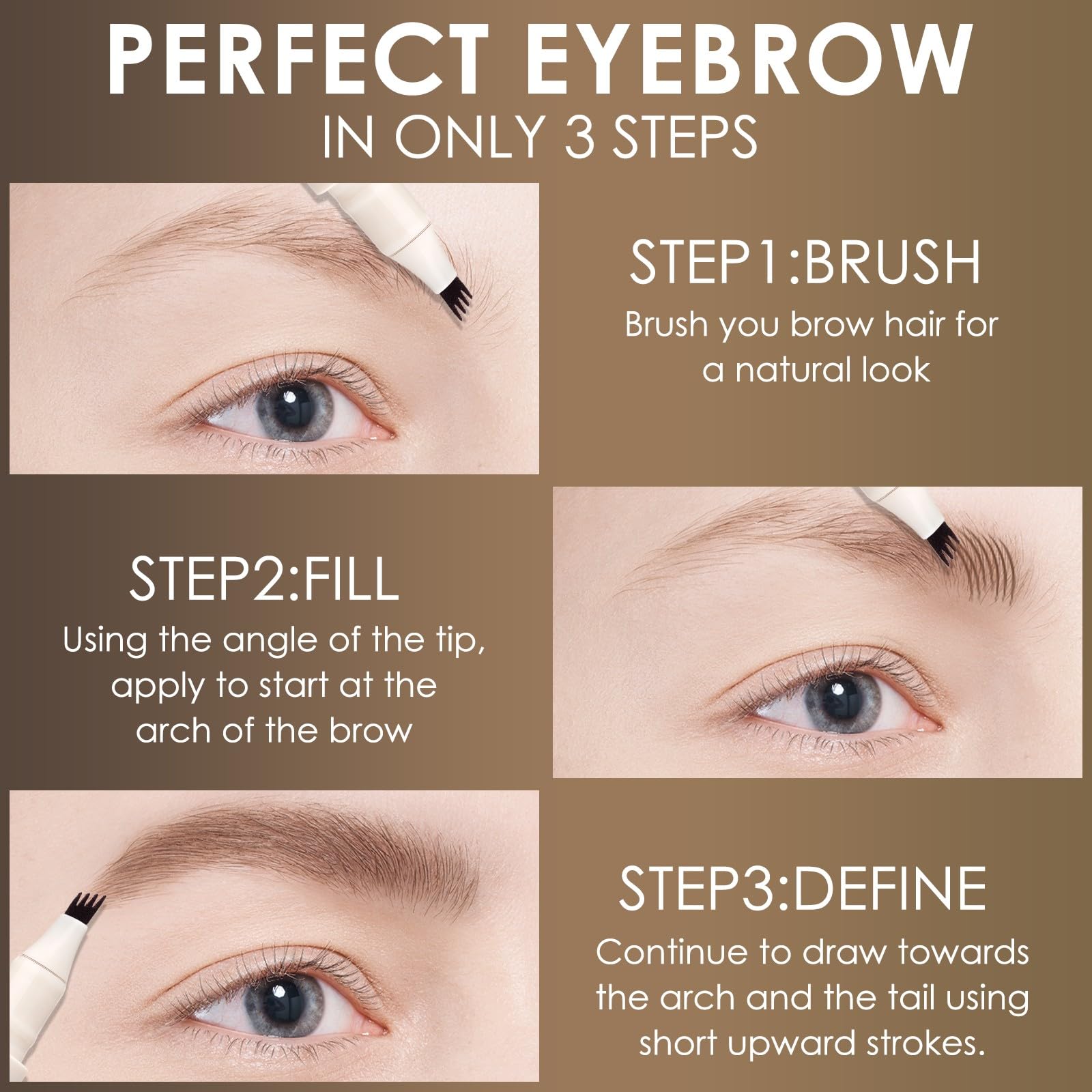FOCALLURE FLUFFMAX TINTED Liquid Eyebrow Pen, Eyebrow Microblading Pen with a Micro-Fork Tip Applicator, Long-Lasting, Smudge-Proof, Creates Natural Looking Brows, GOLD BROWN