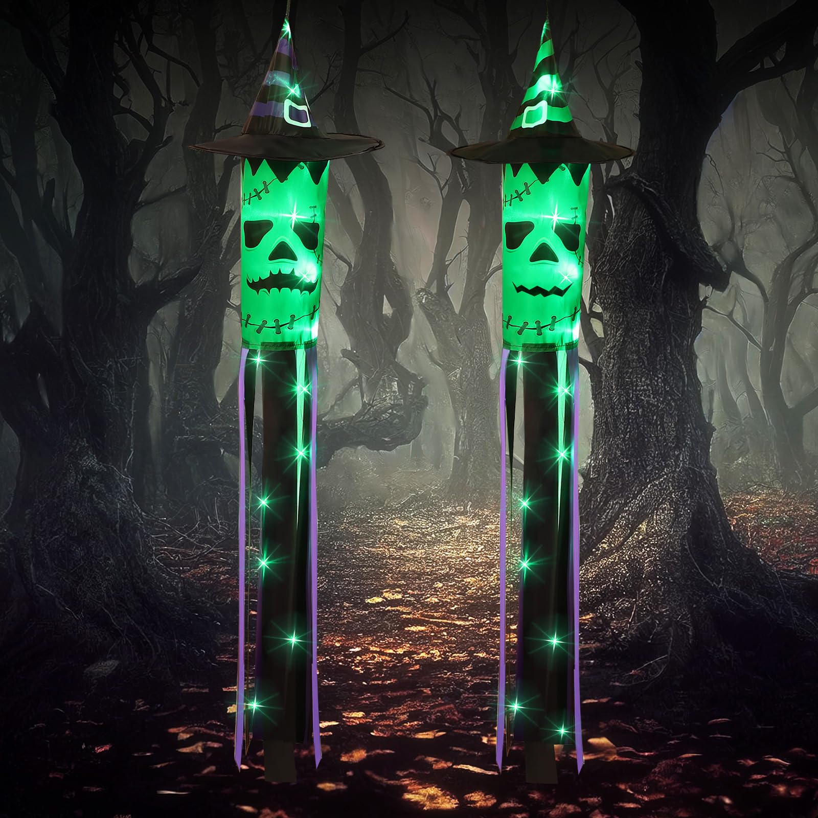 2 Pack Halloween Windsock Flag Halloween Outdoor Decorations with LED Lights Hanging Glowing Witch Hat Windsock Flag Ghost Spooky Wind Socks for Trees Yard Front Door Decor (Green Ghost)