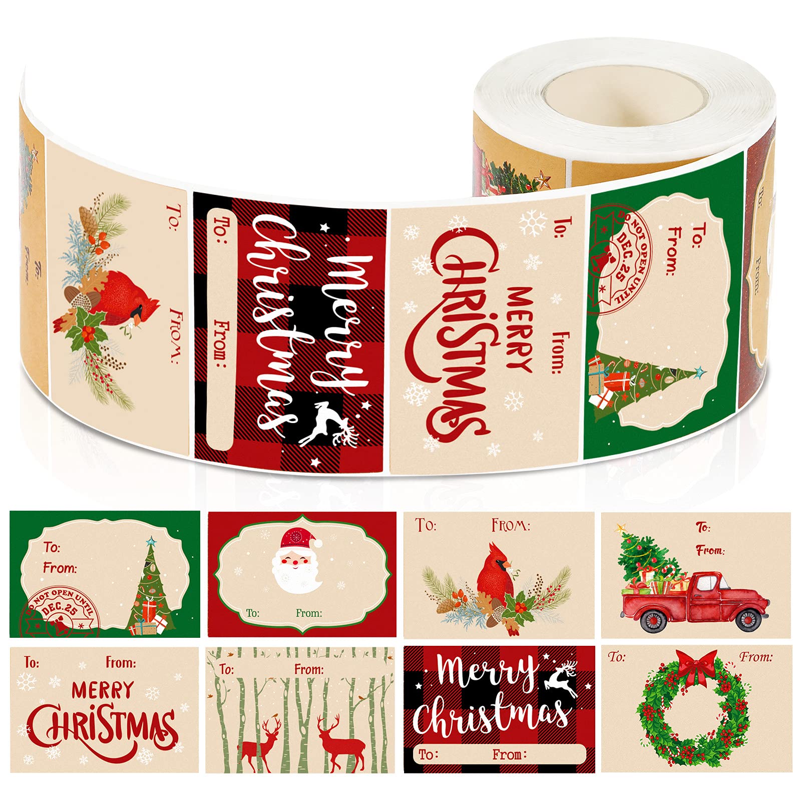 Spakon 400 Pieces Christmas Gift Name Tags Stickers Adhesive Kraft Small Christmas Labels Xmas to from Paper Decorative Stickers for Seals Cards Envelopes Craft Decorations, 3 x 2 Inch, 8 Designs