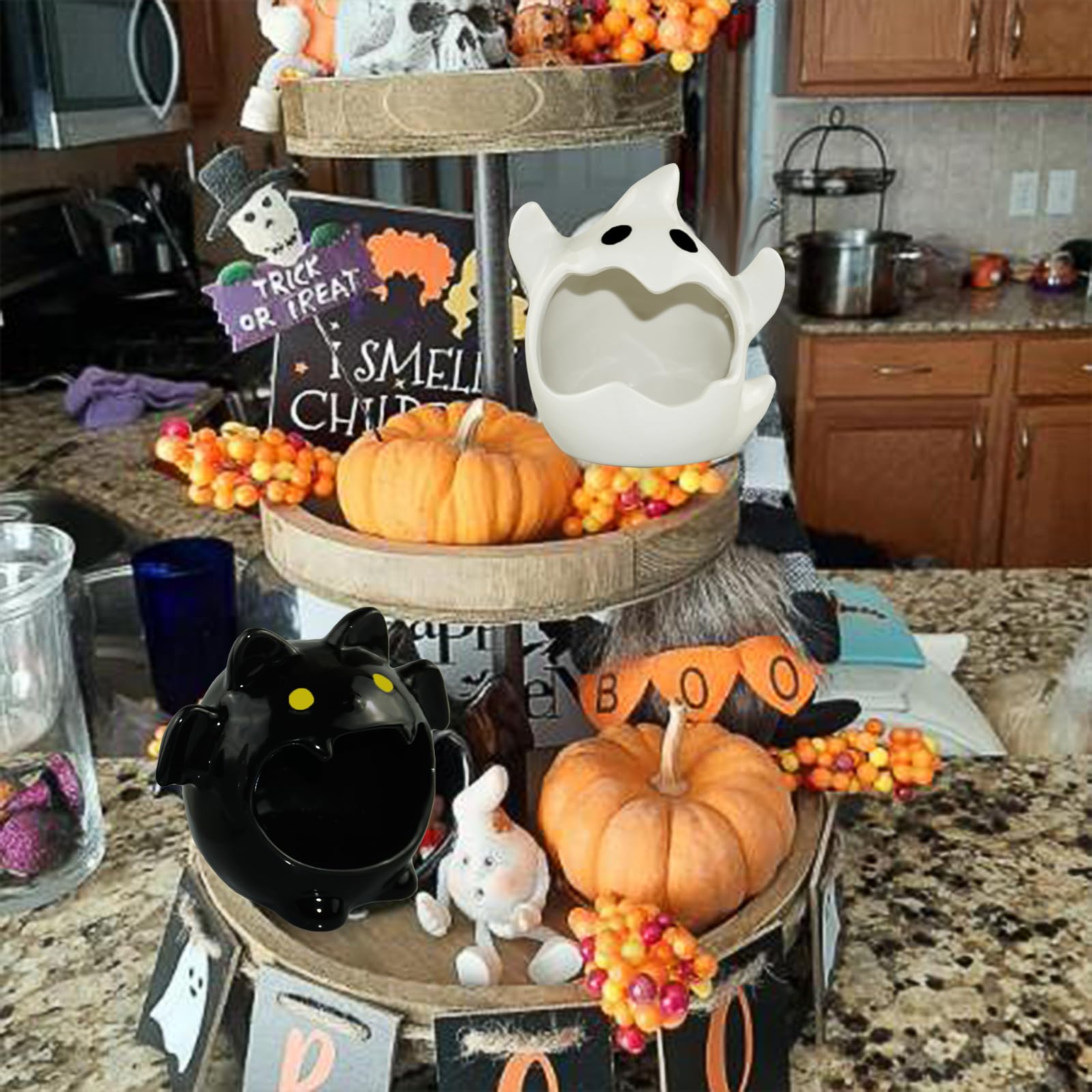 2 Pack Halloween Candy Dish Holder Bat Ghost Shape Halloween Candy Bowls Candle Holder Ceramic Dish Holiday Tired Tray Decor for Trick or Treat Halloween Party Table Decoration Supplies Gift