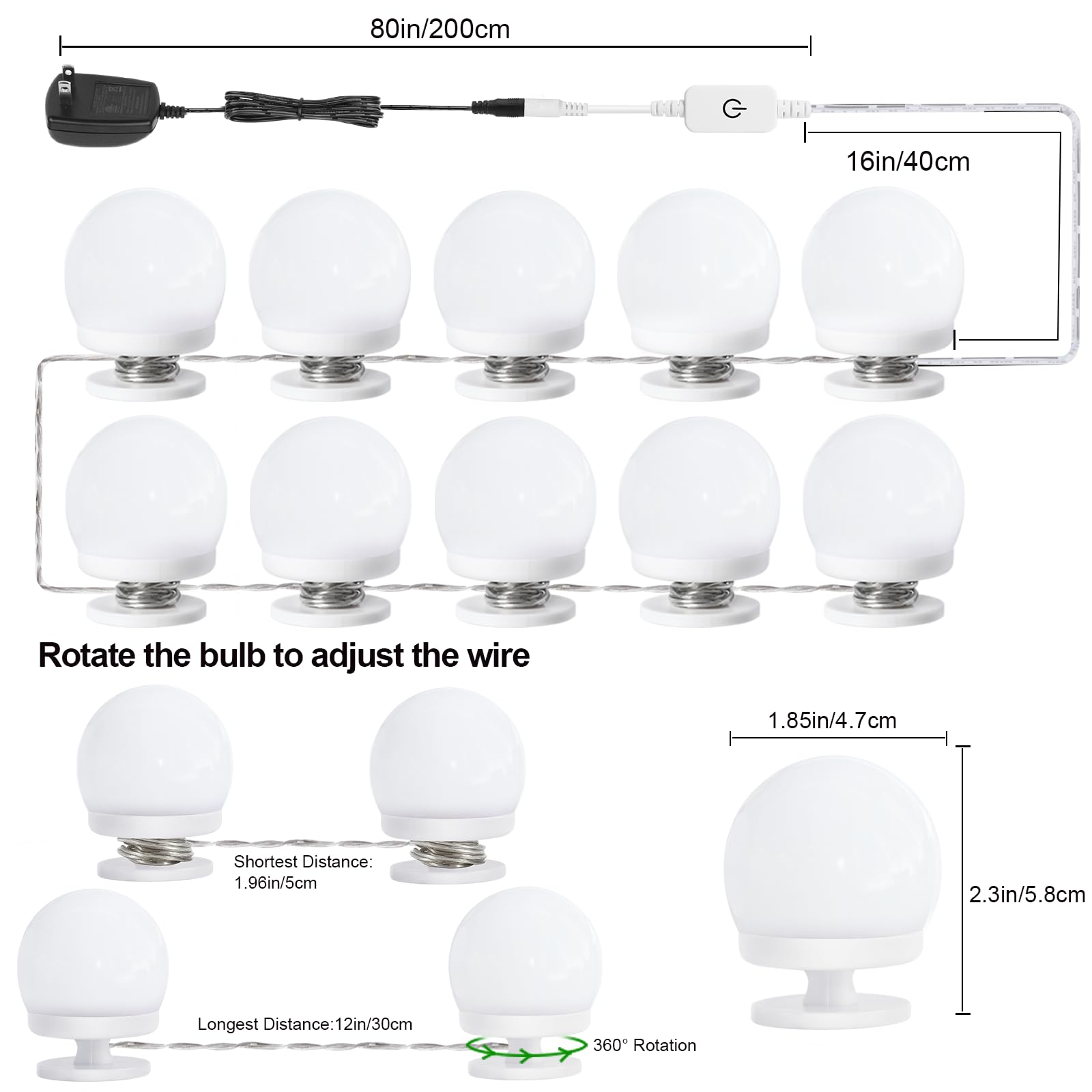 AIBOO LED Vanity Mirror Lights Kit, Stick on Dimmable Makeup Lights, 12V Mirror Lighting Strip Fixture for Vanity Dressing Table, Bedroom Wall Lights,CRI>90 (4000K Natural White,10 Bulbs)