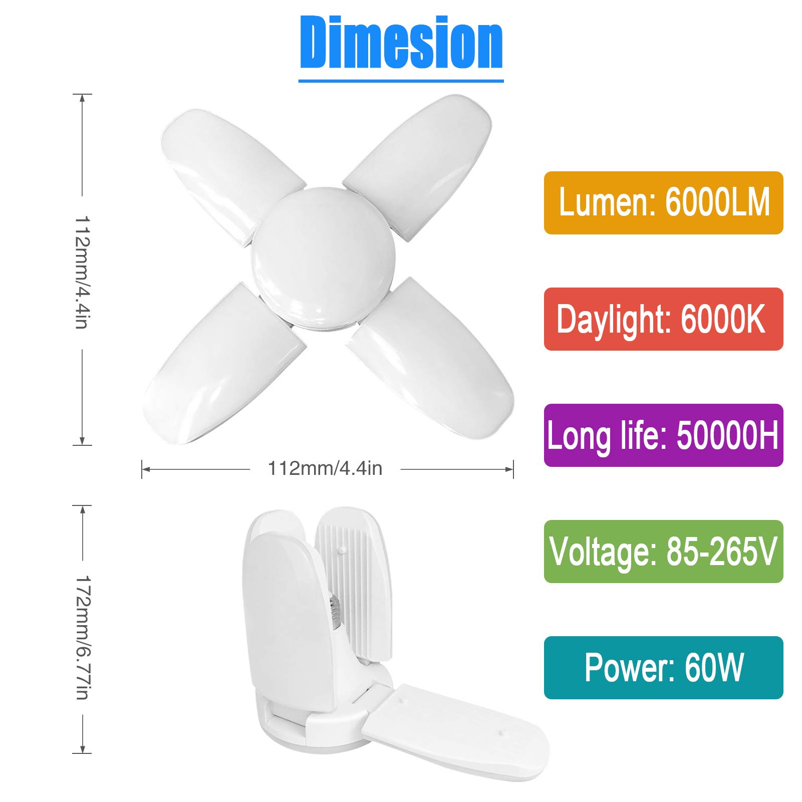 2 Pack LED Garage Lights 60W Deformable Garage Ceiling Light 6000LM White Garage Light 6000K Dimmable Garage LED Light for Warehouse Workshop Basement Workstations Light