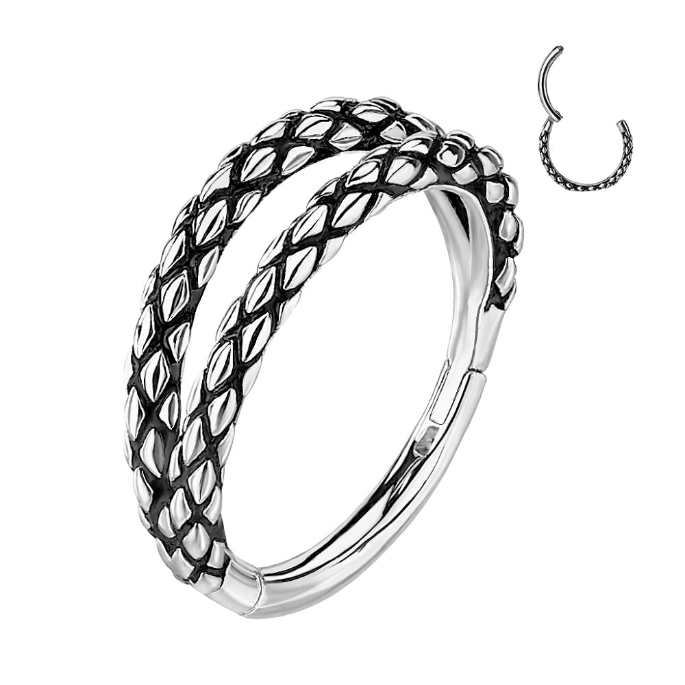 16GA Precision All 316L Stainless Steel Oxidized Lizard Skin Patterned Double Hoop Hinged Segment Ring (Silver Tone)