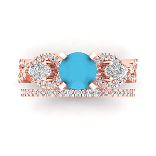 2.1 ct Round Pear Cut Custom Engraving 3 stone With Turquoise Designer Statement Classic Ring Band Set 18K Rose Gold Size 4
