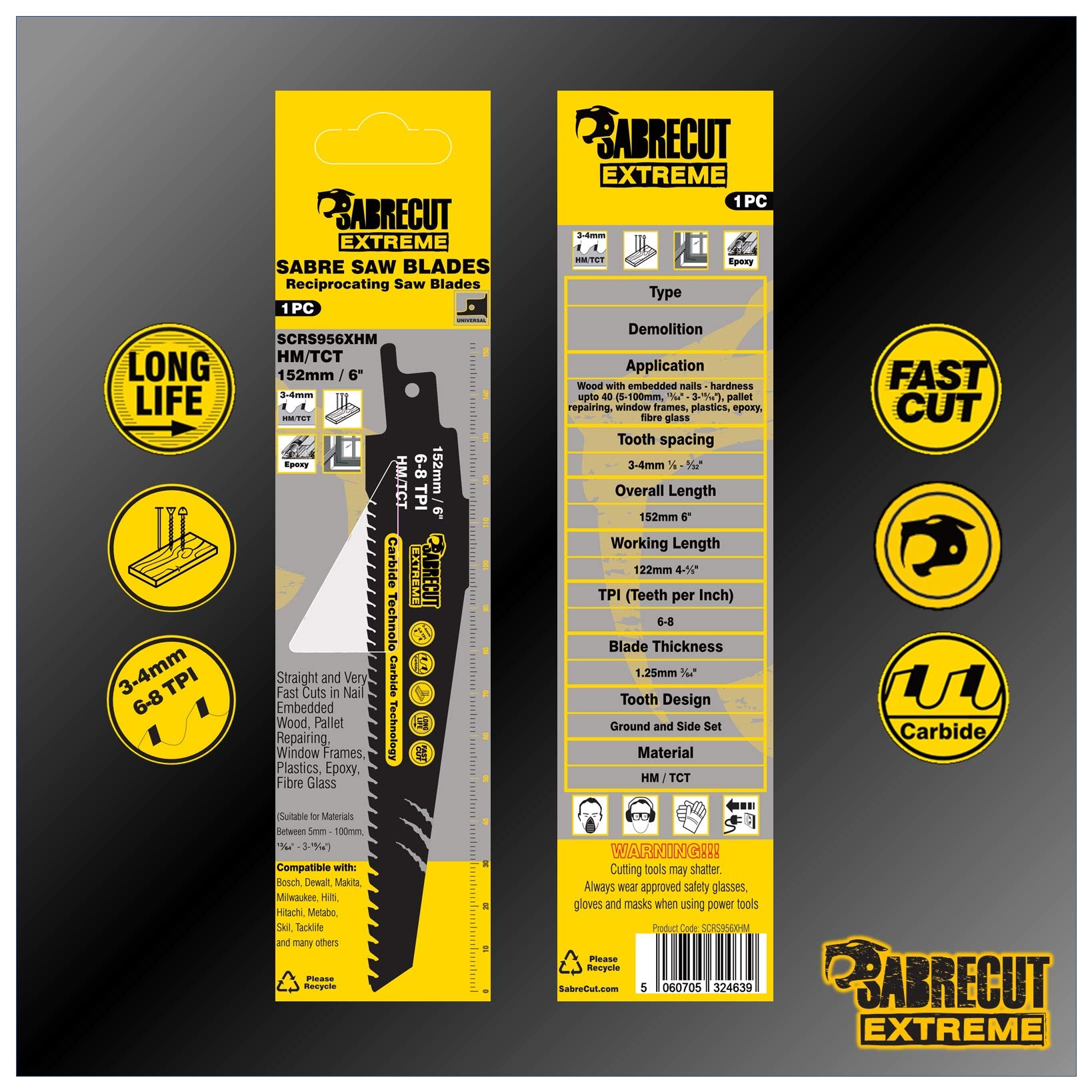 2 x SabreCut SCRS956XHM_2 Tungsten Carbide 5 63/64" (152mm) Variable 6-8 TPI S956XHM Very Fast Wood and Plastic Cutting Reciprocating Sabre Saw Blades Compatible with Bosch Dewalt Makita and Others