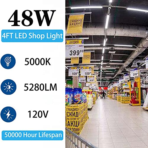 8 Pack 4FT 48W LED Shop Light for Workshop Garage,LED Ceiling Light, Plug in Linkable Utility Light Fixtures,5000K Cool White, 5280 LM, Frosted Lens, Pull Chain (ON/Off), Hanging/Mounted 120V