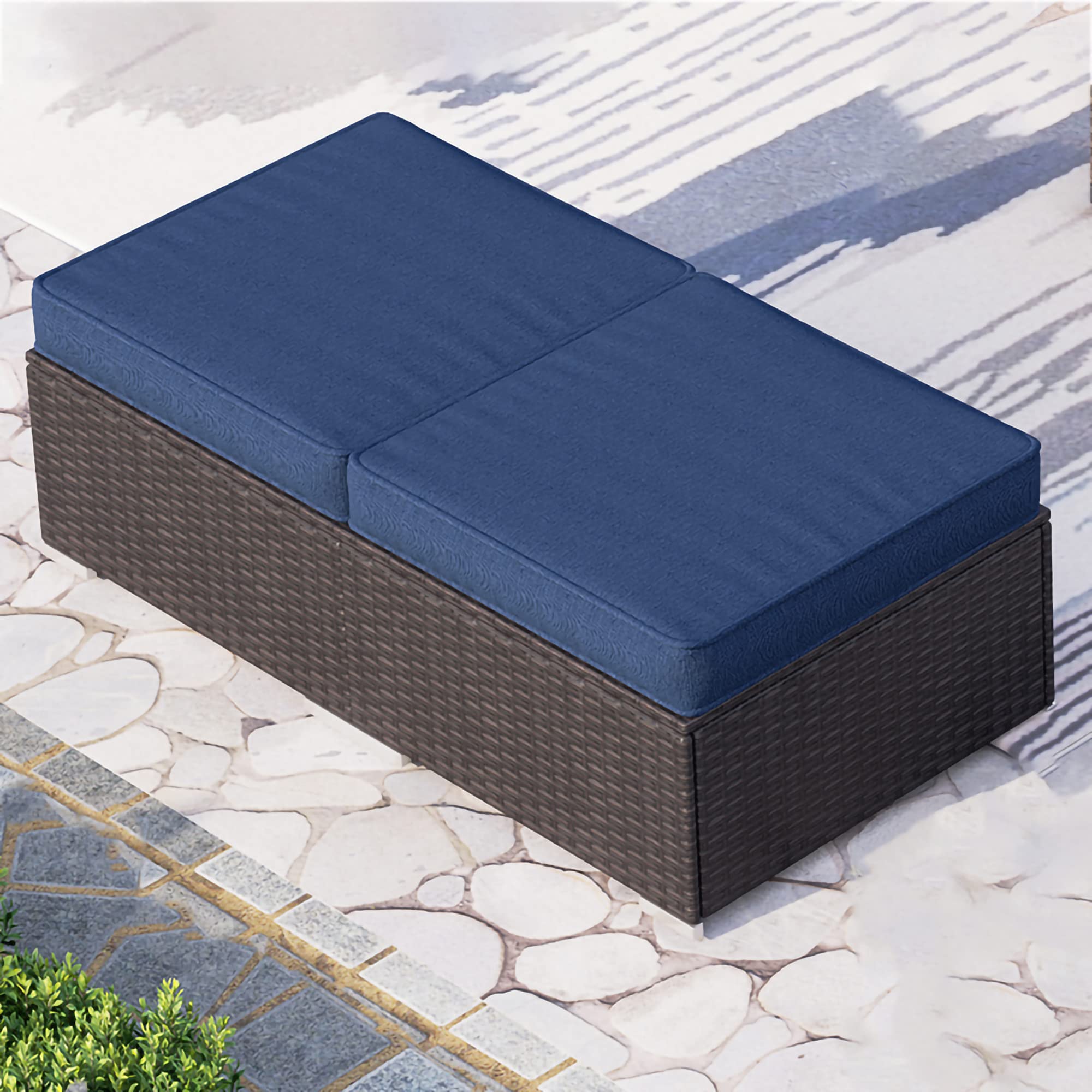 PHI VILLA 2 Pieces Wide Outdoor Rattan Sectional Sofa with Cushions - Small Patio Wicker Furniture Set (2 - Person Seating Group, Navy Blue)