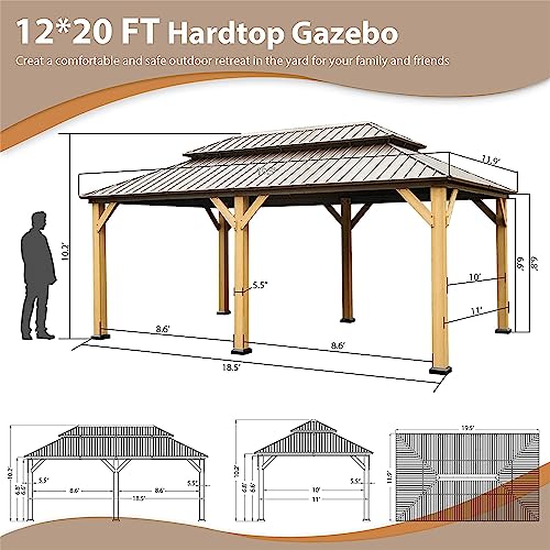 Jaxenor Outdoor Cedar Wood Frame Canopy - 12'x20' Hardtop Gazebo with Galvanized Steel Double Roof - Permanent Metal Pavilion for Patio, Backyard, and Lawn - Includes Curtains and Netting - Brown