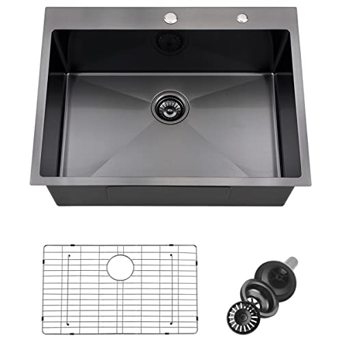 28 Inch Drop In Black Stainless Steel Kitchen Sink, Doirteal 28 x 22 x 10 Inch Matte Black Kitchen Sink 16 Gauge Stainless Steel Topmount Single Bowl Sink Single Basin with Bottom Grid
