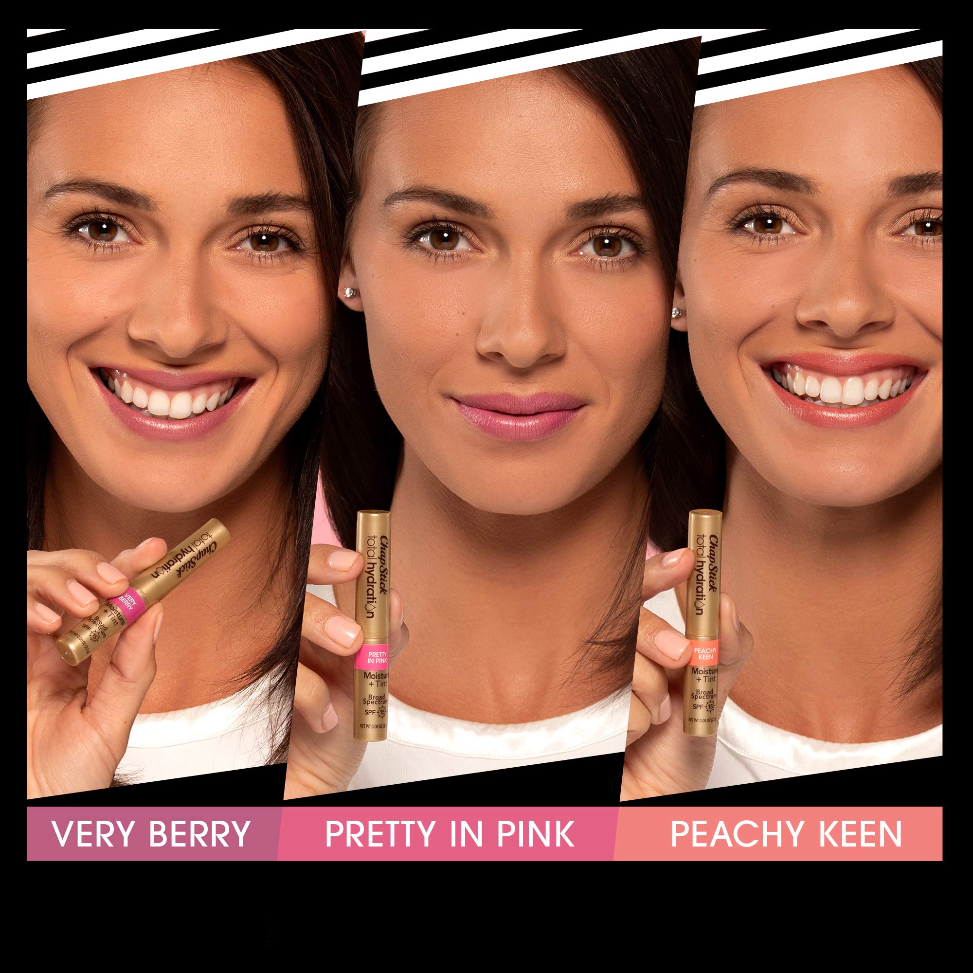 ChapStick Total Hydration Moisture Plus Tint Plus SPF, Tinted Lip Balm Collection With Natural Sunscreen In Very Berry, Pretty in Pink and Peachy Keen, 3 Tubes 0.08 oz