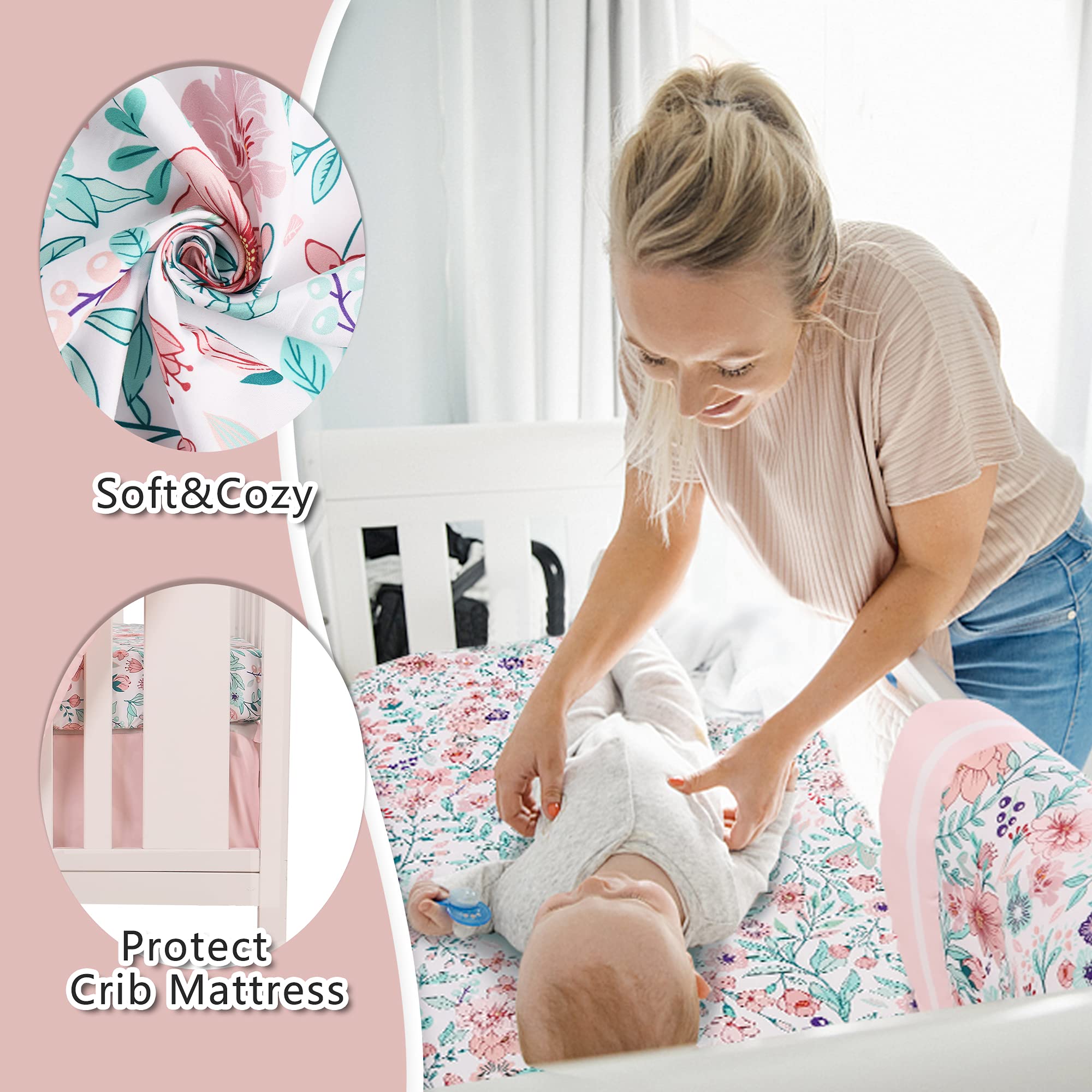 Honkaii Giraffe 3-Piece Crib Bedding Set, Baby Nursery Bedding Sets Including Crib Quilt, Crib Skirt, Crib Sheet, Pink Crib Sets for Girls