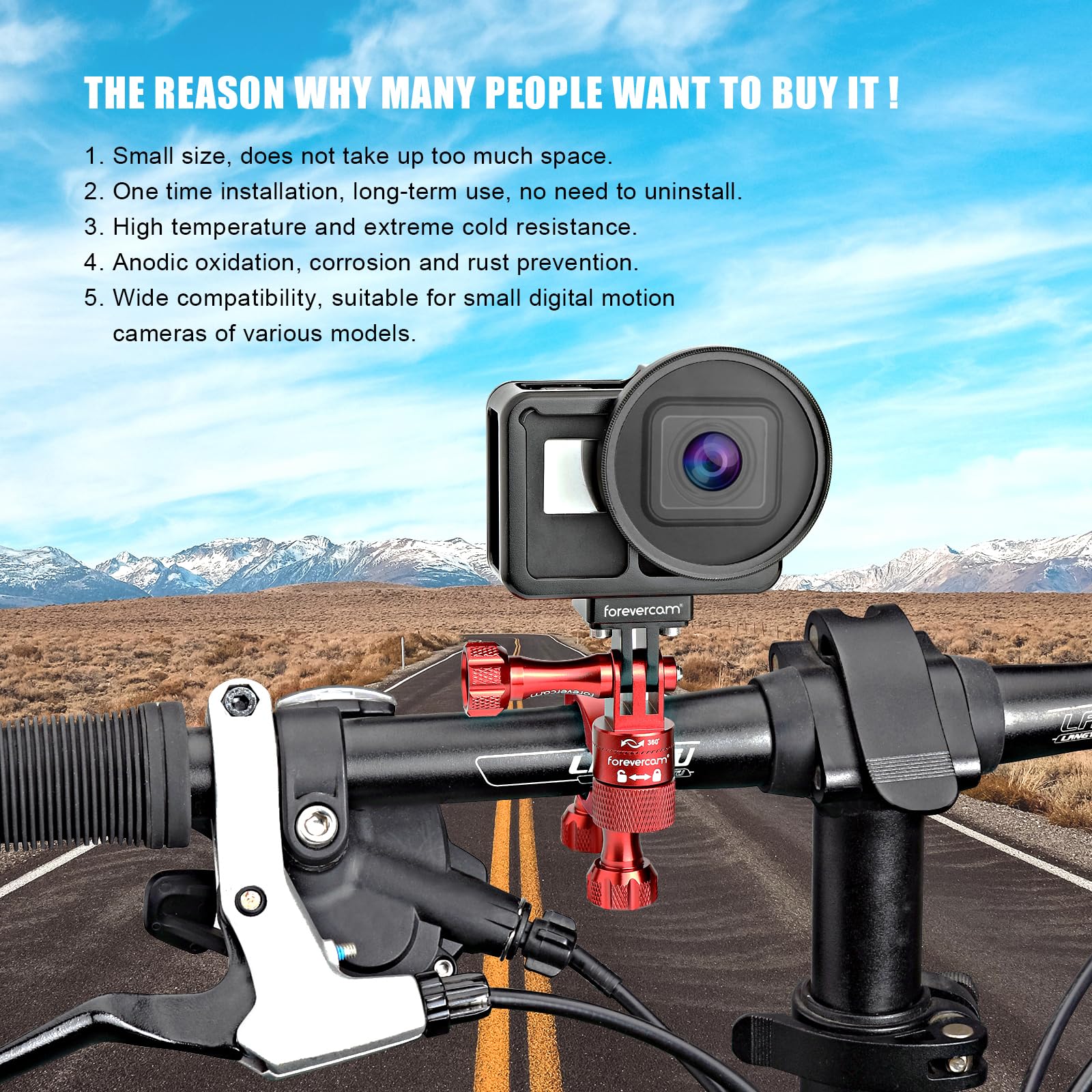 Forevercam Bike Handlebar Mount for Gopro Hero 13/12/11/10/9/8/Insta360/AKASO/DJI Osmo Aluminum Bike/Motorcycle Mount 360°Rotation and Lock Any Direction(Red)