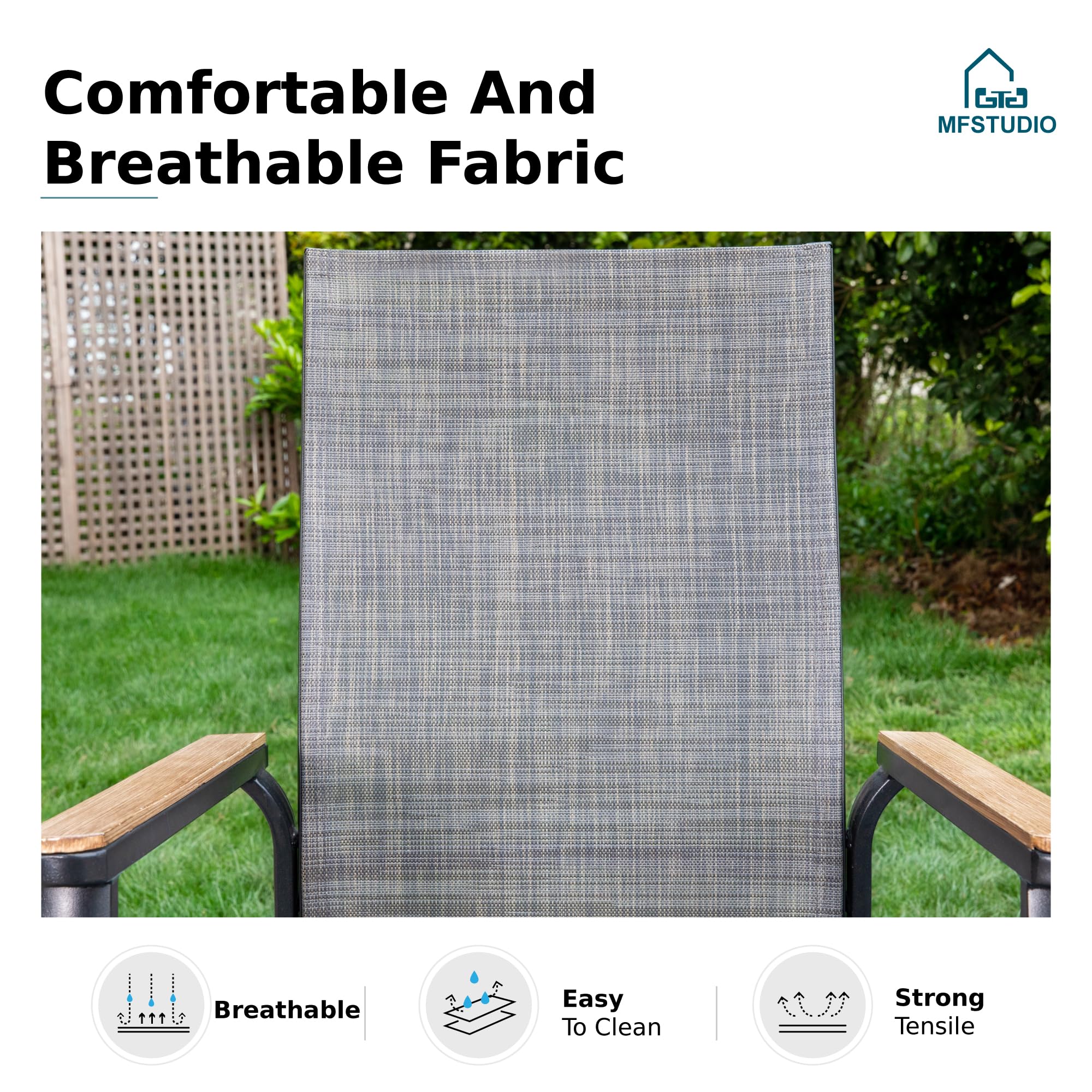 MFSTUDIO Outdoor Patio Dining Chairs, 2 PCS Aluminum Patio Dining Sling Chair, Patio Chairs with Wood-Like Armrest & Wider Seat for Deck Backyard Garden, Grey