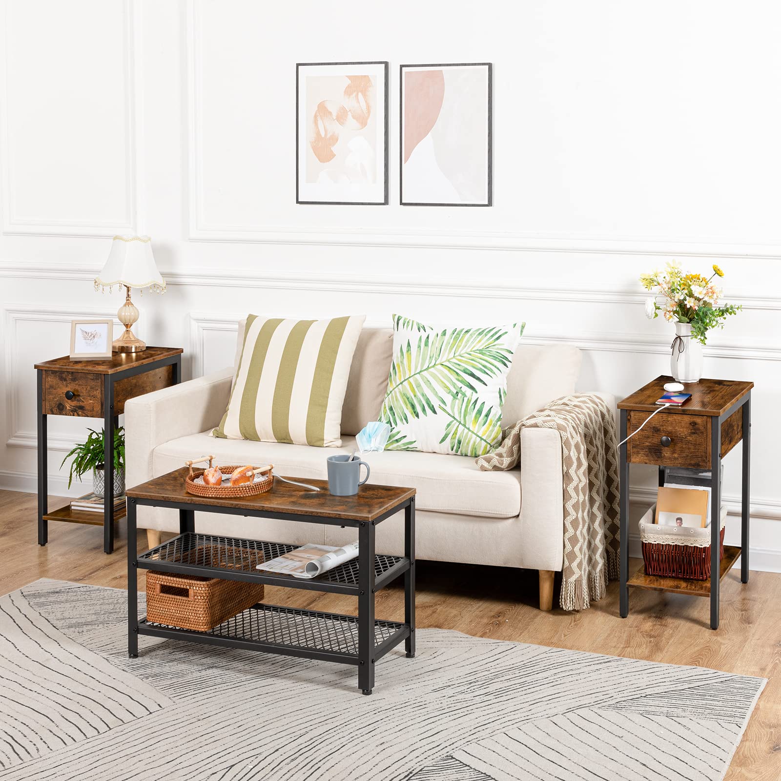 HOOBRO End Table with Charging Station, Set of 2 Narrow Side Table, Small Nightstand, Bedside Table with Drawer and Storage Shelves, for Small Spaces, Rustic Brown and Black BF041BZP201