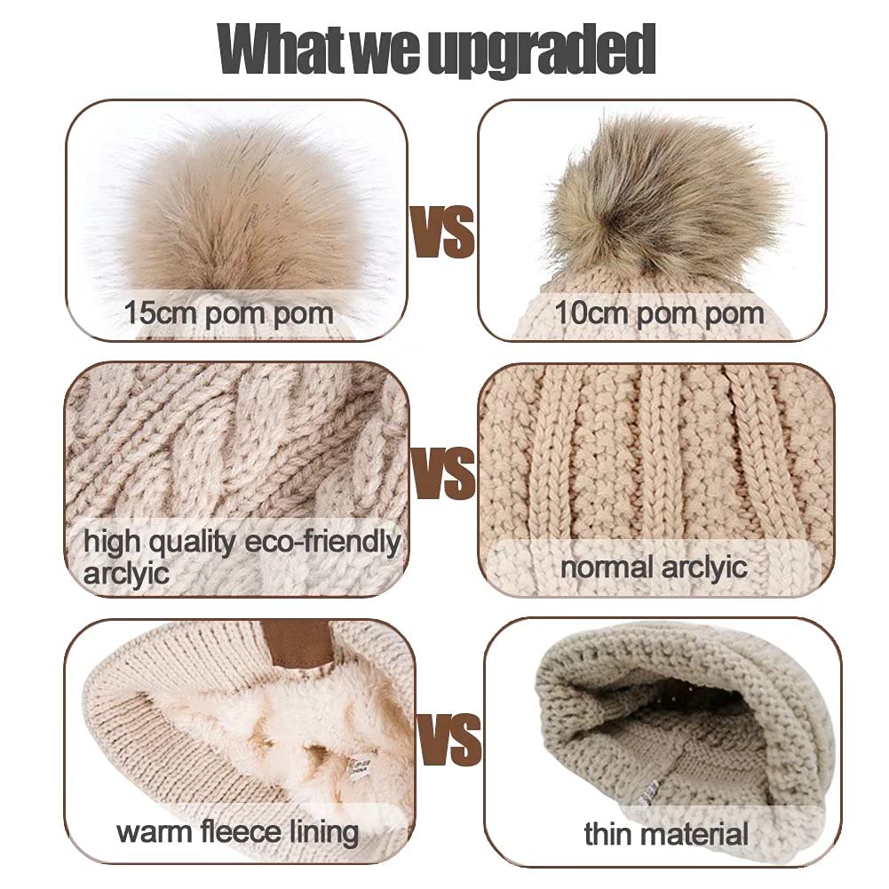 Alepo Womens Winter Beanie Hat, Warm Fleece Lined Knitted Soft Ski Cuff Cap with Pom Pom(Dark Gray+Oatmeal)