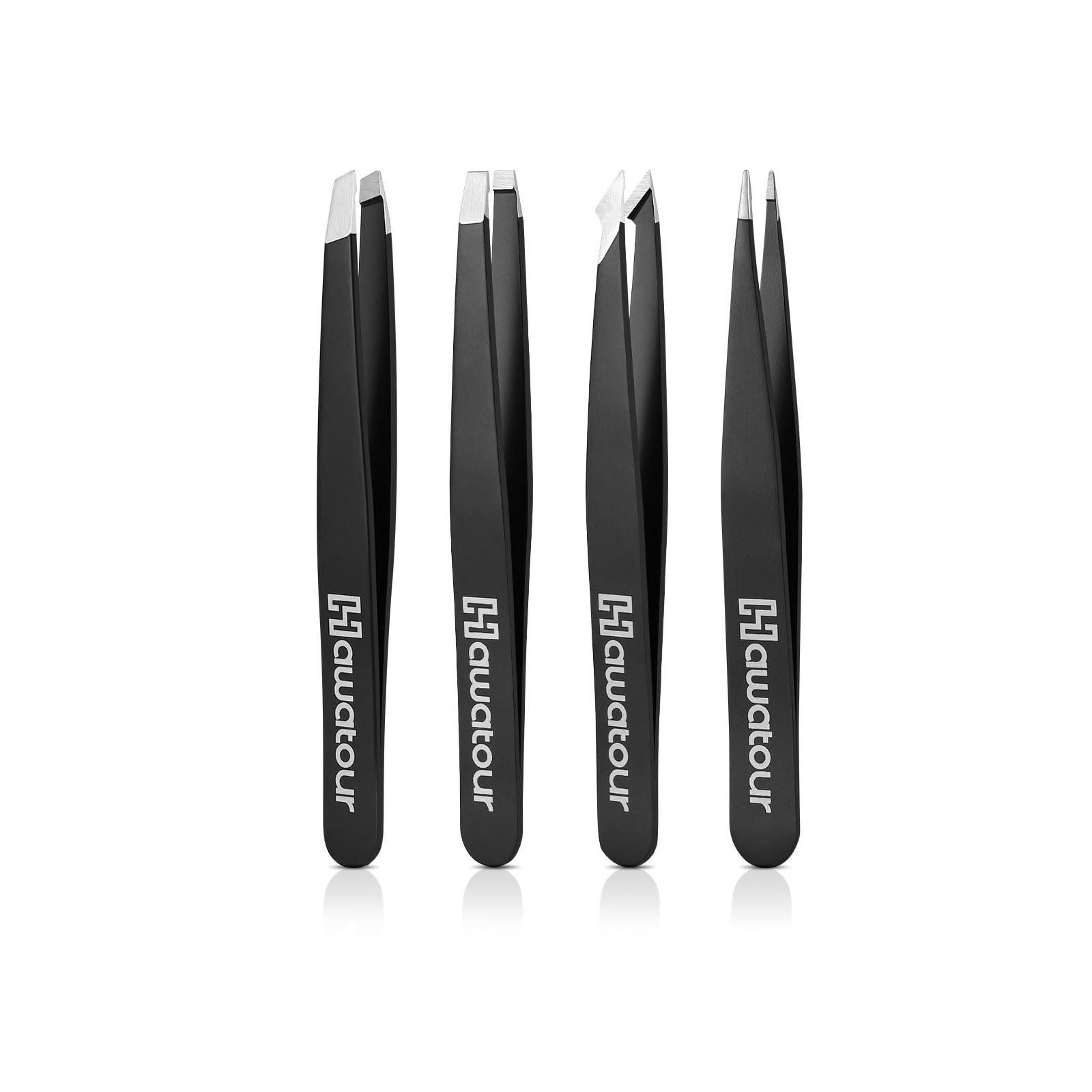 HAWATOUR Tweezers Set, 4Pcs Eyebrows Tweezers and a Pair of Scissor with Leather Case, Great Precision for Eyebrow, Ingrown Hair, Splinter, Facial Hair Removal, Black