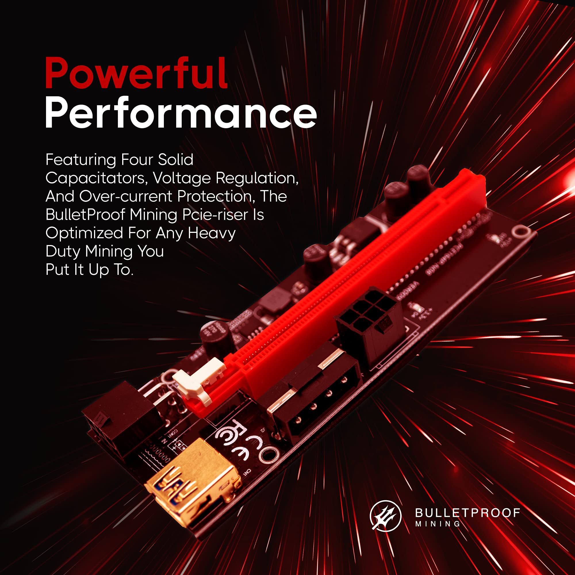 BulletProof Mining Graphics Card PCIe Riser VER 009S 16x to 1x Powered Riser Adapter Card w/ USB 3.0 Extension Cable & 6-Pin PCI-E to SATA Power Cable | Bitcoin | Ethereum Mining