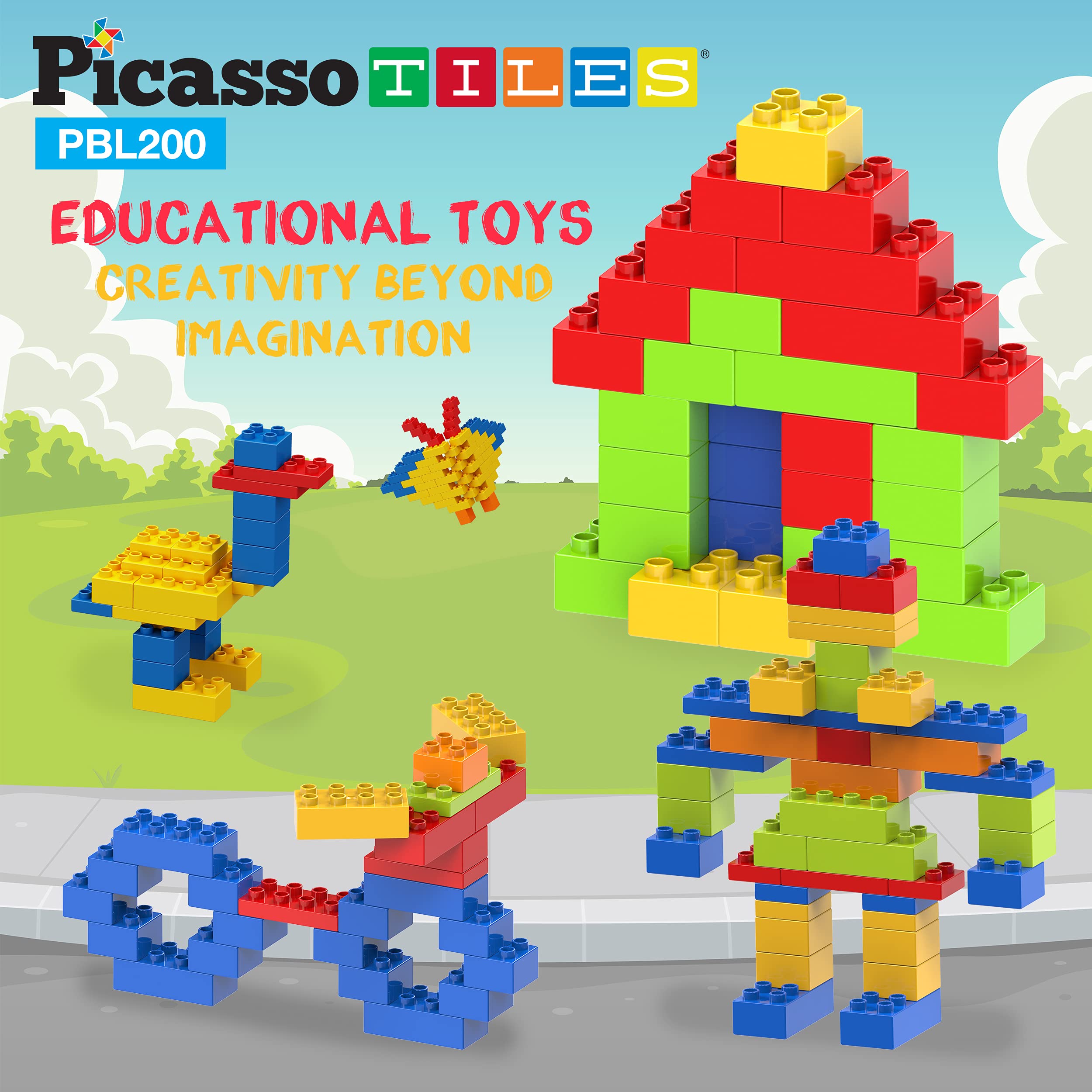 PicassoTiles 200 Piece Large Construction Brick Building Blocks STEM Bricks Toy Set Creative Learning Early Education Playset 5 Colors 4 Unique Shapes Mix & Match Toys for Kids Boys Girls Child Age 3+