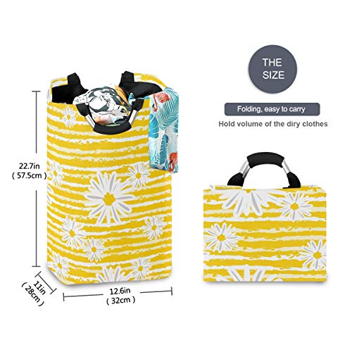 One Bear Flower Laundry Basket Cute Daisy Chamomiles Flowers Floral Yellow and White Stripes Foldable Large Laundry Hamper Bucket with Handles Collapsible Nursery Storage Bin for Kids Clothes Toy