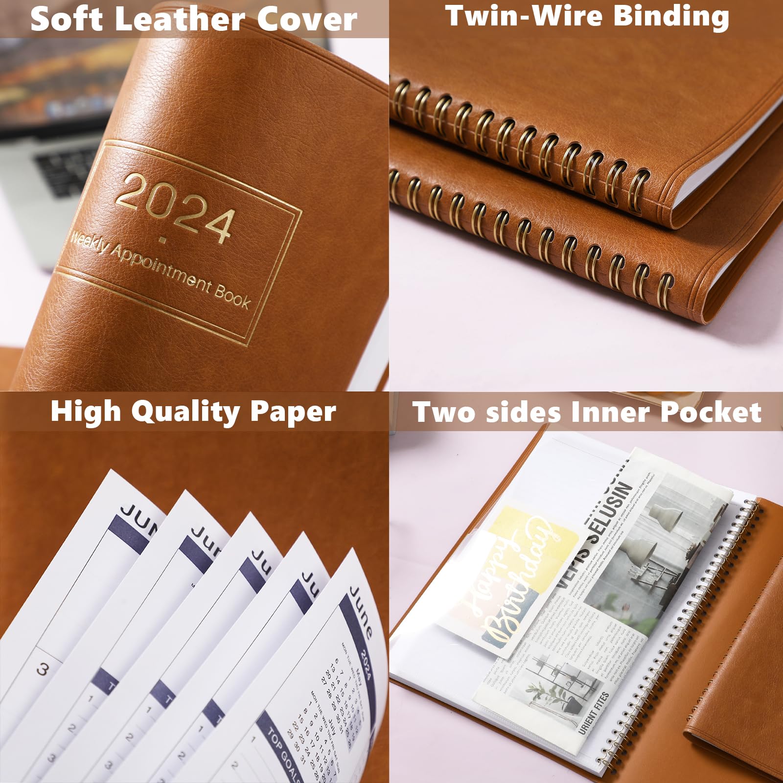 2024 Weekly Appointment Book & Planner - Large 2024 Daily Hourly Planner, January 2024 - December 2024, 8.5" x 11", 2024 Appointment Book with 15-Minute Interval + Thick Paper + Pocket - Brown