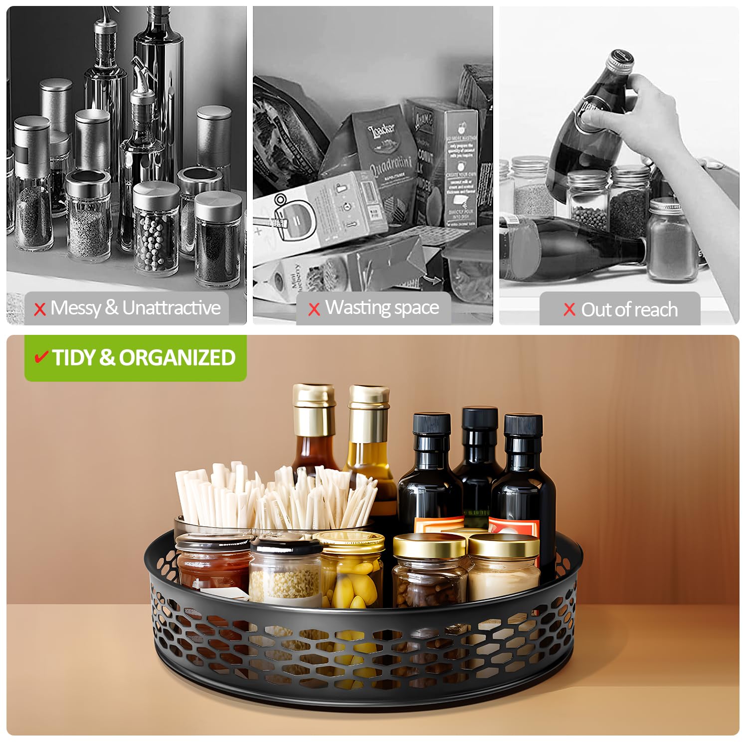 2 Pack Lazy Susan Turntable for Cabinet Table, 10" & 9" Metal Steel Turntable Organizer with Non-Slip Pad, Perfect for Spices, Vanity, Fridge, Countertop, Pantry