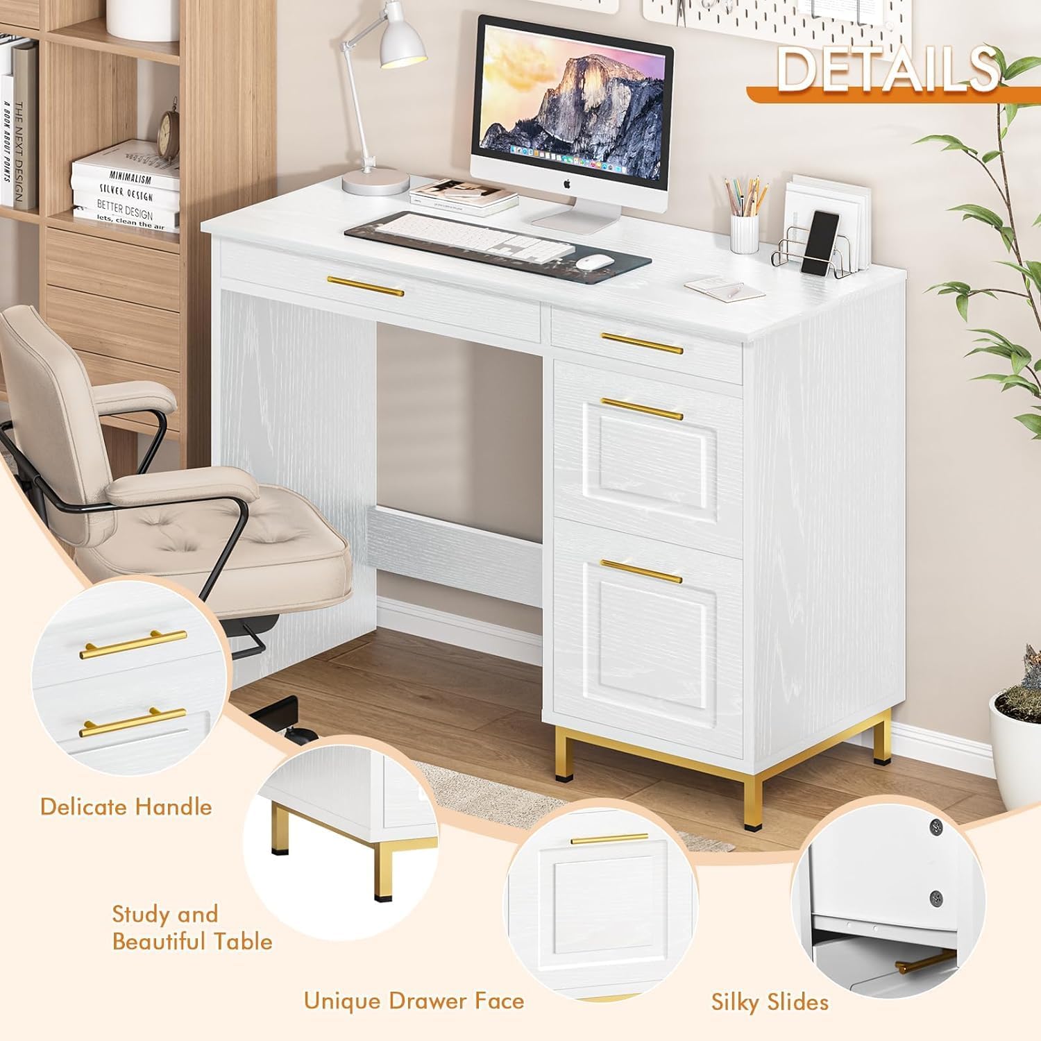 4 EVER WINNER White Desk with Drawers, 43β Home Office Small Desk with Drawers, Gold Hardware for Small Space, White and Gold Desk Writing Study Table for Bedroom