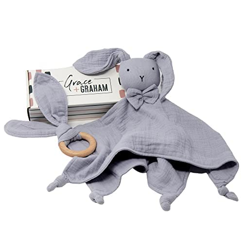 Grace & Graham Organic Muslin Cotton Bunny Lovey Blanket - Security Blankets for Babies - Ultra Soft & Breathable - Loveys for Babies - Unisex (Gray)