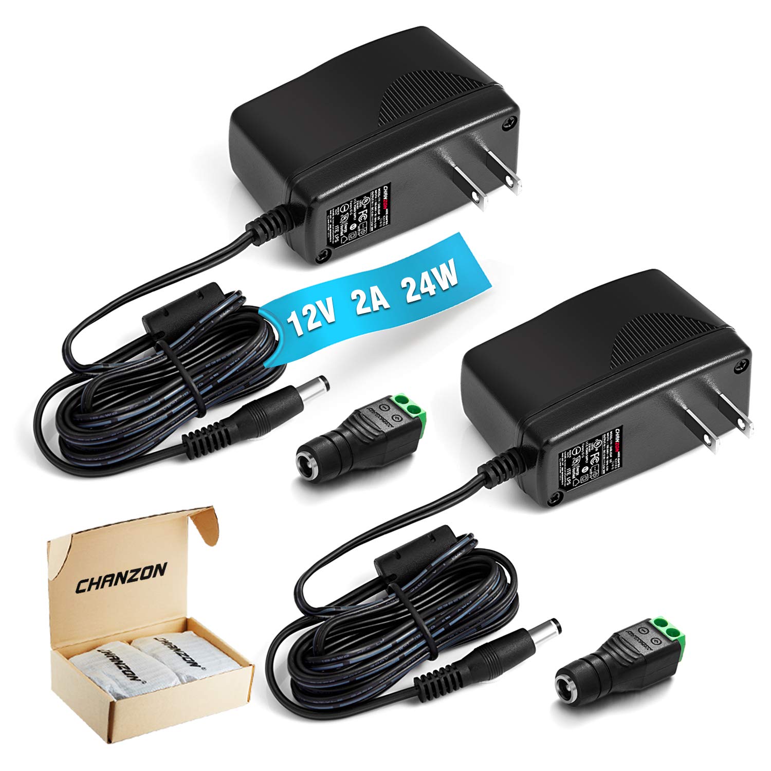 CHANZON 12V 2A UL Listed 24W AC DC Switching Power Supply Adapter (Input 100-240V, Output 12 Volt 2 Amp 24 Watt 6Ft Cord) Wall Wart Transformer Charger for DC12V CCTV Camera LED Strip Light (2-Pack)