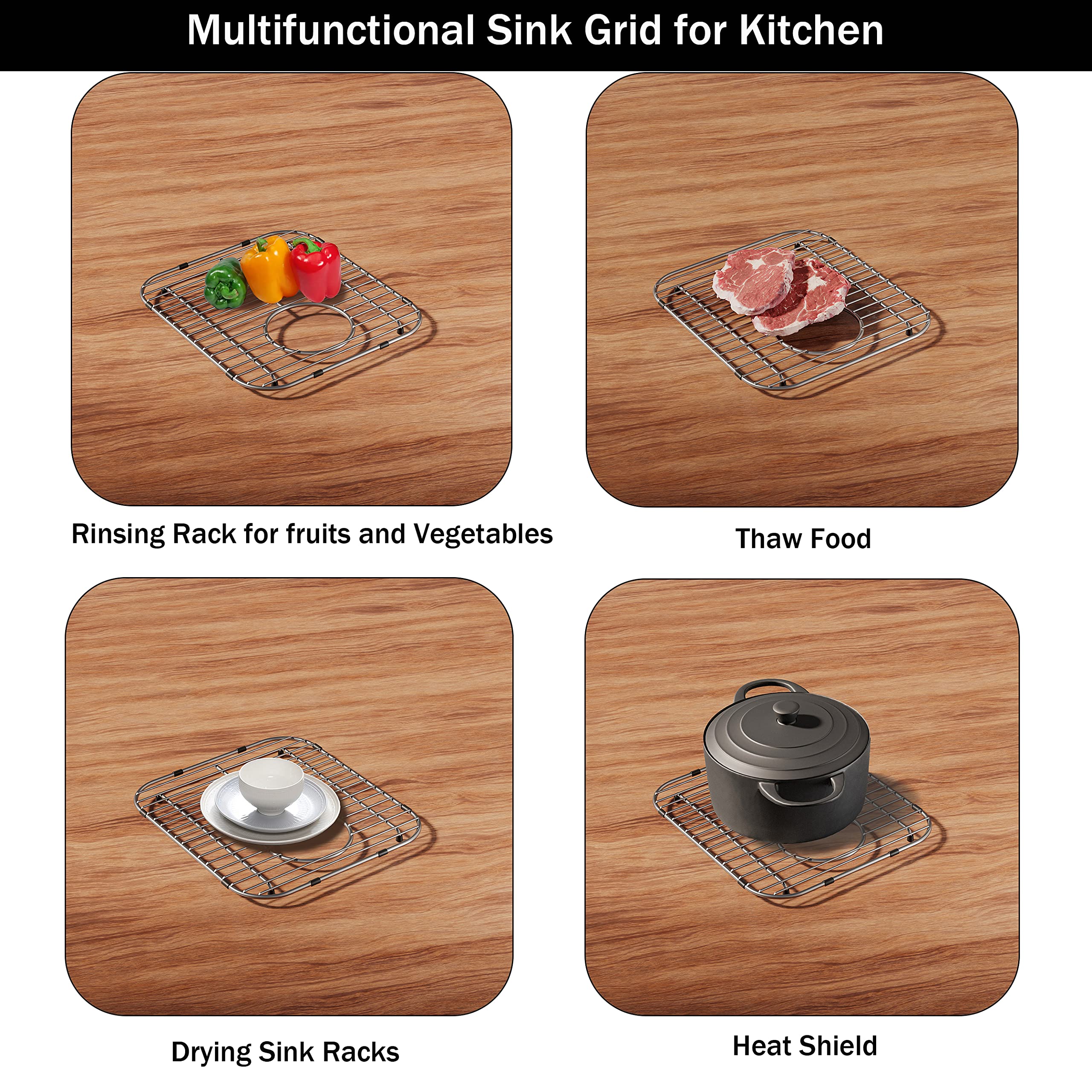 2Pack Stainless Steel Kitchen Sink Grid,13.2" x 11.6" x 1.2" Sink Protectors With Rear Drain Hole,Sink Rack for Bottom of Sink, Anti-rust Metal Sink Bottom Grid With 2Pack Sink Strainers