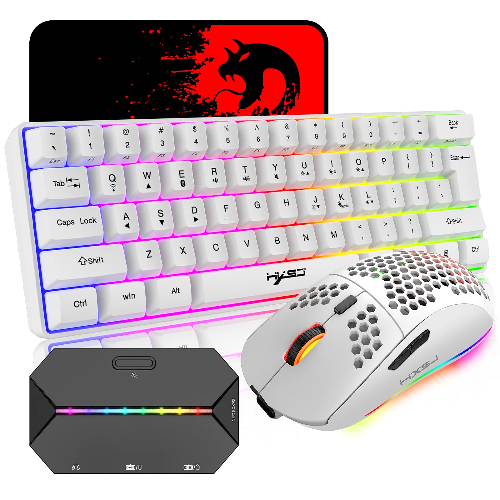 4 in 1 Wireless Gaming Keyboard Mouse and Converter with RGB Backlit Mini 61Key Ergonomic Honeycomb Shell 2.4Ghz USB Receiver Bluetooth Wired Adapter for PS4 PS3 Xbox Switch PC Mac Gamer Typist(White)