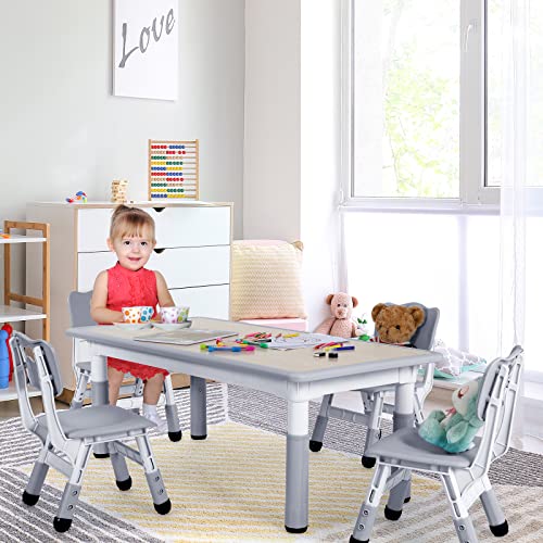 AuAg 47.2ββ Kid Table and 4/6 Chairs Set, Height Adjustable Toddler Study Table&Chair Set for Age 2-10, Multi-Activity Art Table W/Graffiti&Scrubtable Desktop, for Daycare, Classroom, Home