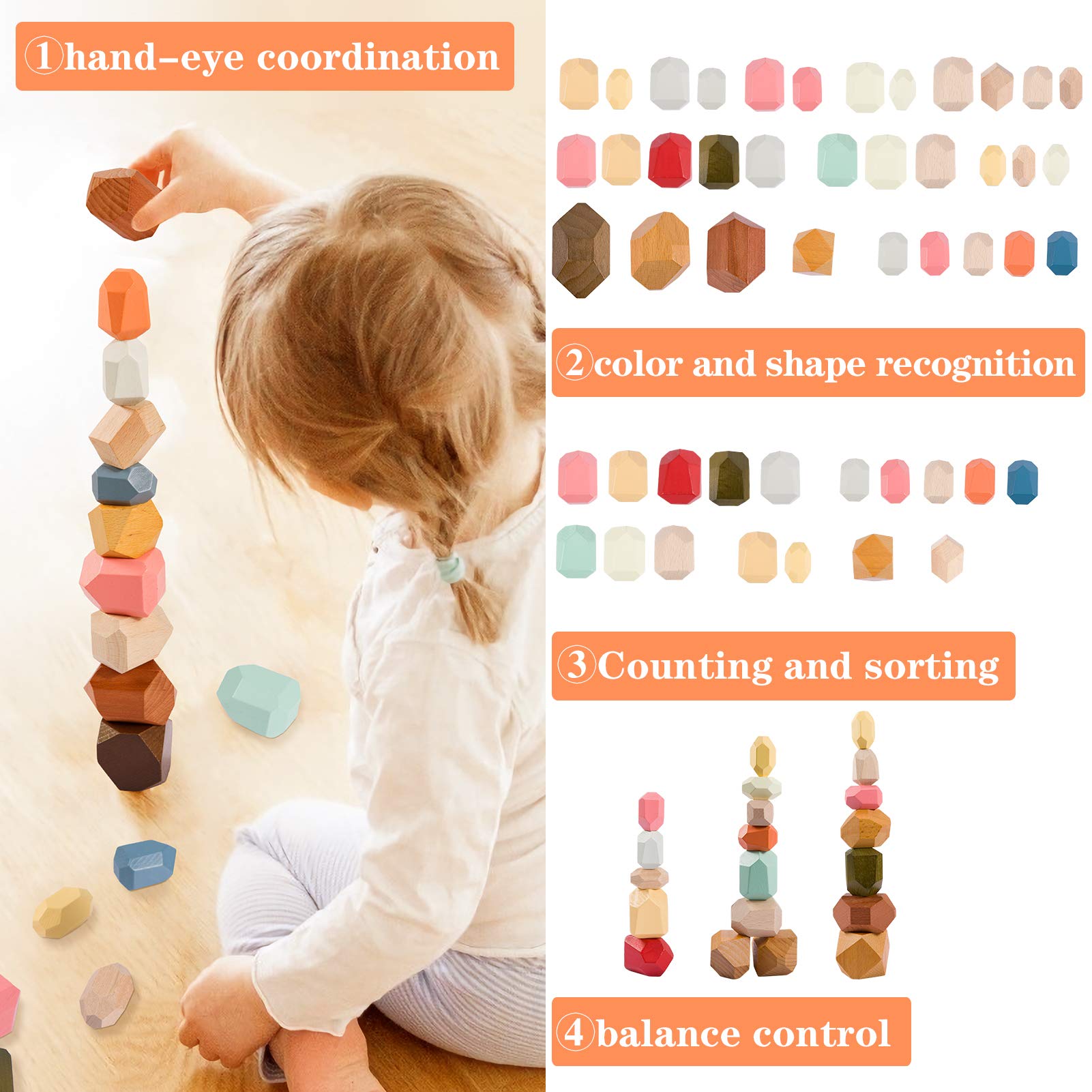 48 Pcs Wooden Stacking Stones- Building Sorting Rocks Balancing Wooden Blocks Preschool Educational Learning Toy for Kids Toddlers 3 4 5 6 Years Old