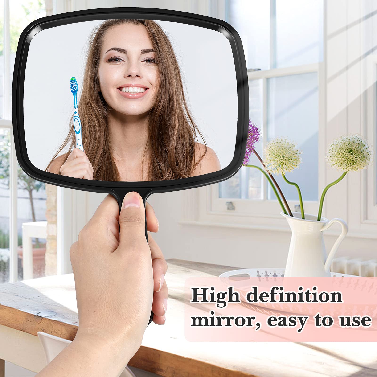 Jetec 3 Pieces Hand Handheld Cosmetic Mirrors with Handle, Portable Vanity Mirrors for Travel, Home, and Salon Use(9.17 x 6.53 Inch,Red, Black, Blue)