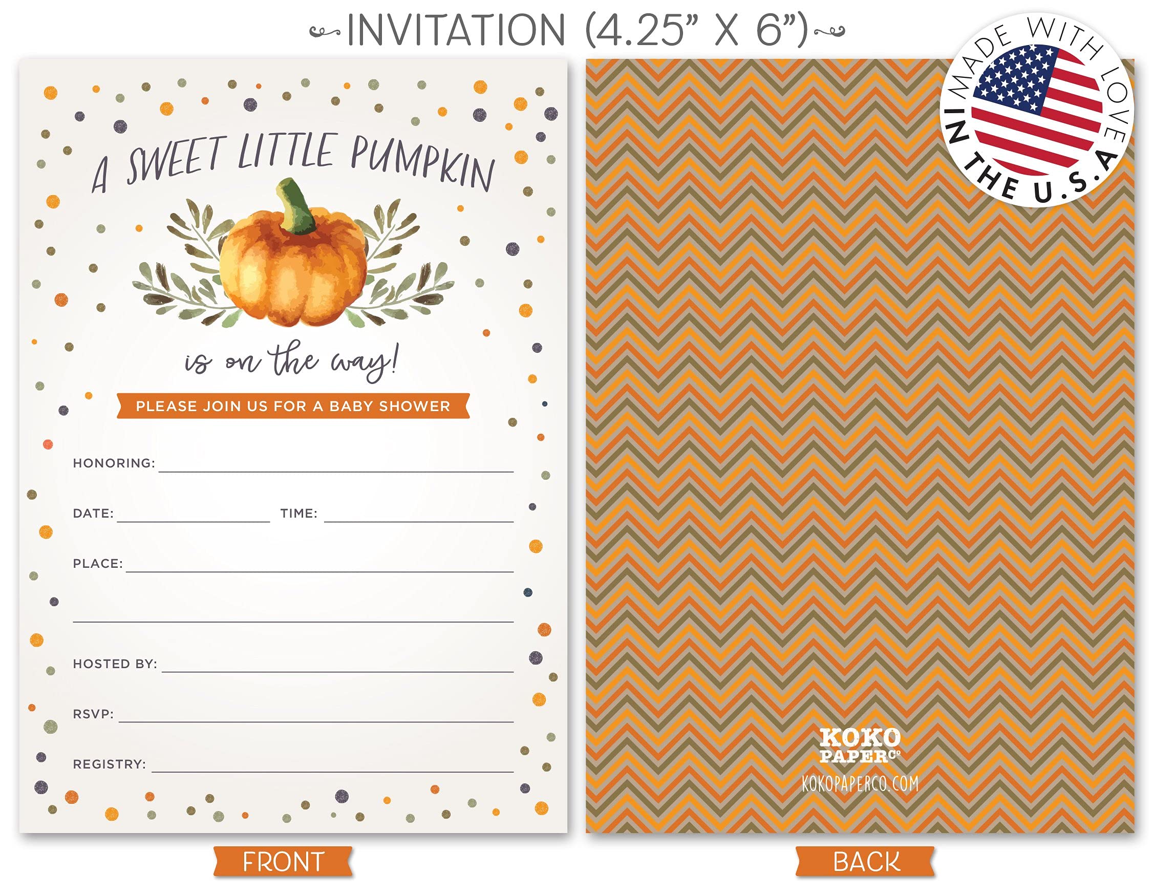Koko Paper Co Little Pumpkin Baby Shower Invitations, Diaper Raffle Tickets and Matching Thank You Cards | 75 Sets | 125 Pcs Total