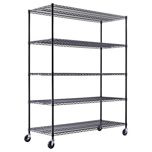 60" x 24" x 72" Black 5-Tier Wire Shelving NSF 3000 LBS Max Capacity Heavy Duty Steel Storage Rack for Restaurant, Warehouse, Commercial, Industrial, and Hospital Uses (Includes Casters)