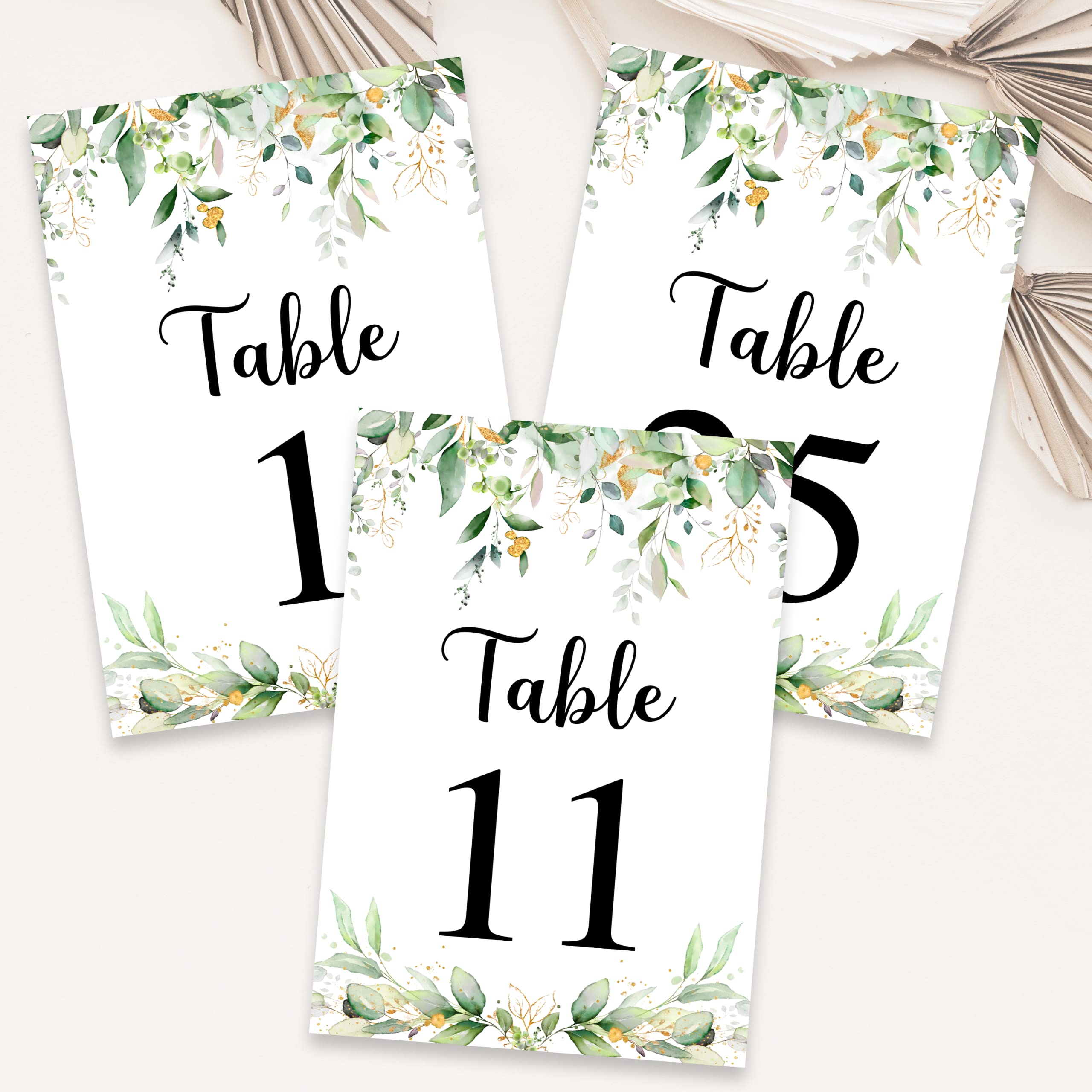 25 Pcs Effortless Events Wedding Table Numbers, 4x6 in Table Numbers for Wedding Reception 1-25, Gold & Greenery Eucalyptus Design for Rustic Weddings, Receptions, Parties, & Events
