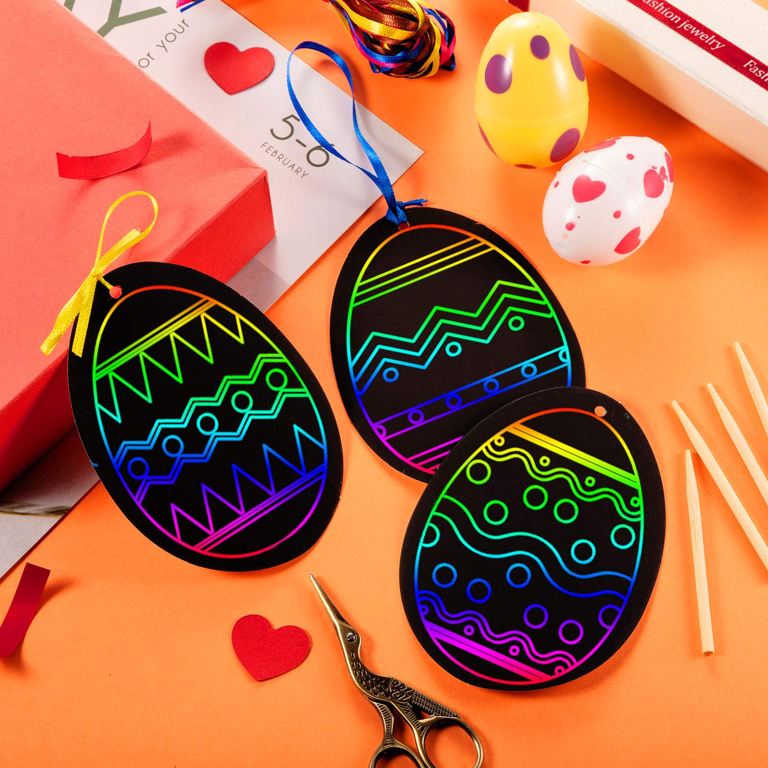 48 Pieces Scratch Paper Easter Scratch Craft Art Easter Day Ornaments Colorful Scratch Easter Day Rainbow Cutouts with 48 Wooden Sticks and 48 Colorful Ribbons for Kids Church Class (Egg)