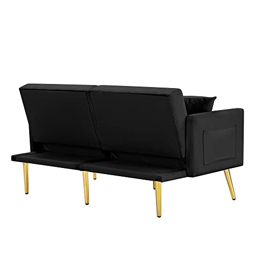 60"Convertible Folding Futon Sofa Bed with 2 Pillows and Armrest,Modern Velvet Sleeper Couch Bed with 3 Adjustable Backrests,Recliner Loveseat for Small Space,Living Room Bedroom Apartment (Black)