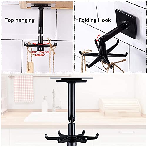 4pcs 360° Rotating Folding Self Adhesive Hooks with 180° Vertical Flip Claws for Bathroom Kitchen Office Towel (2 Black + 2 White)