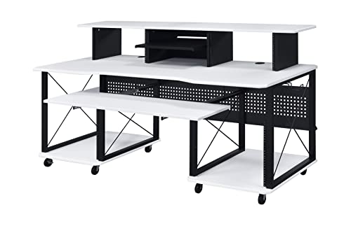 Acme Furniture Megara 72" x 30" Rectangular Metal Storage Music Desk, Included Wheels, Multiple Functional & Storage Spaces, in White and Black Finish
