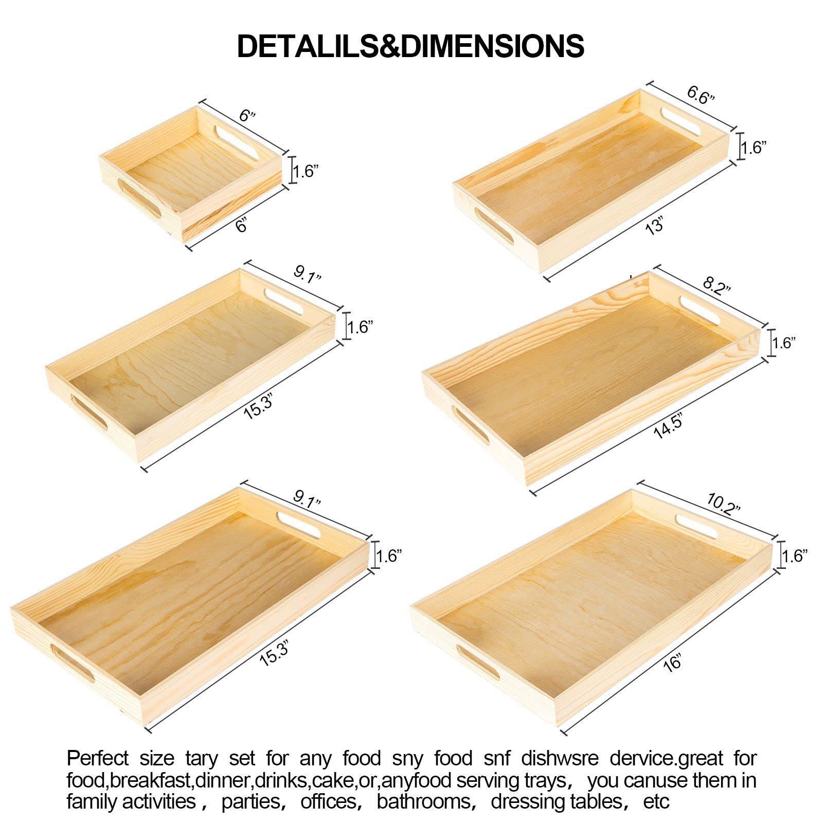 7PCS Wooden Nested Serving Trays Set - Rectangular Shape Unfinished Wood Kitchen Nesting Food Trays with Handle for Coffee, Serving Pastries, Snacks, Chocolate, Craft and Decor