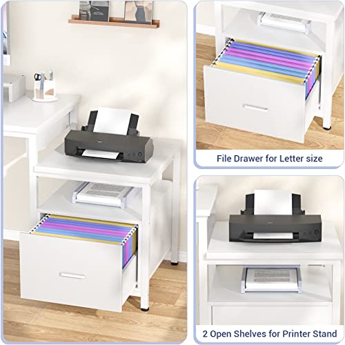 Aheaplus L Shaped Desk with Power Outlet, Standing Home Office Desk with Lift Top and File Drawer, 63'' Corner Computer Desk with Monitor Stand&Printer Shelves, Gaming Desk with Led Lights, White