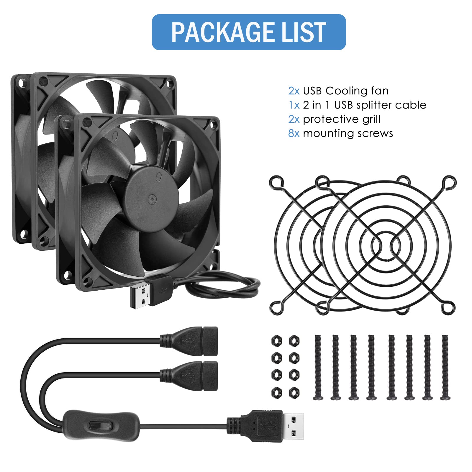 2-Pack 80mm USB Computer Fan with 1 Male to 2 Female USB Extension Cable with ON/Off Switch for Receiver DVR PlayStation Xbox Computer Cabinet Cooling