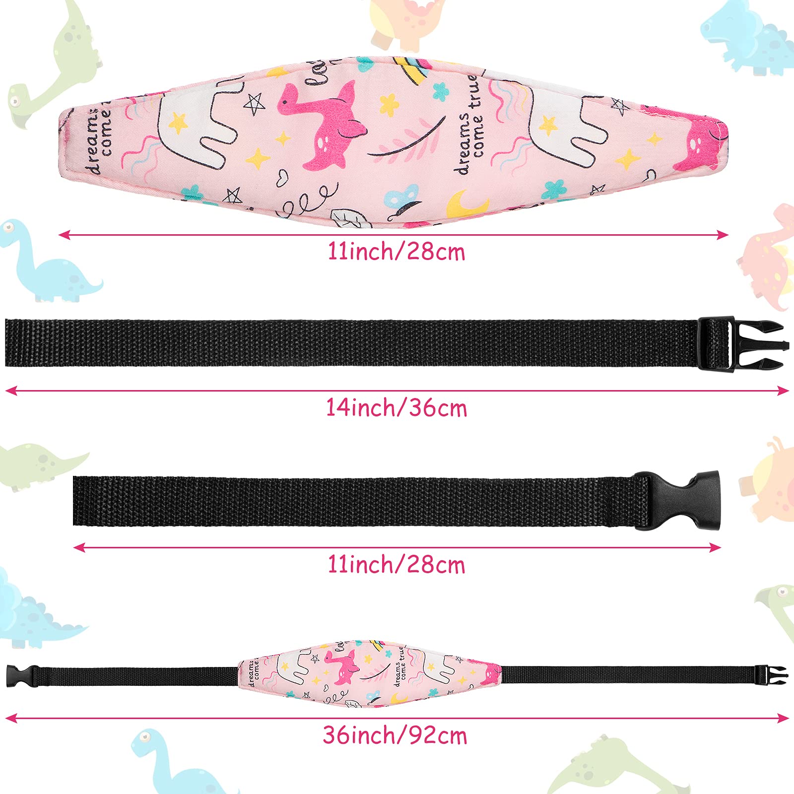 HESTYA 2 Pieces Baby Carseat Head Support Band Strap Headrest Stroller Seat Sleeping Headrest Neck Relief Head Strap Headband for Kids Children Toddler Infant(Unicorns and Dinosaurs)