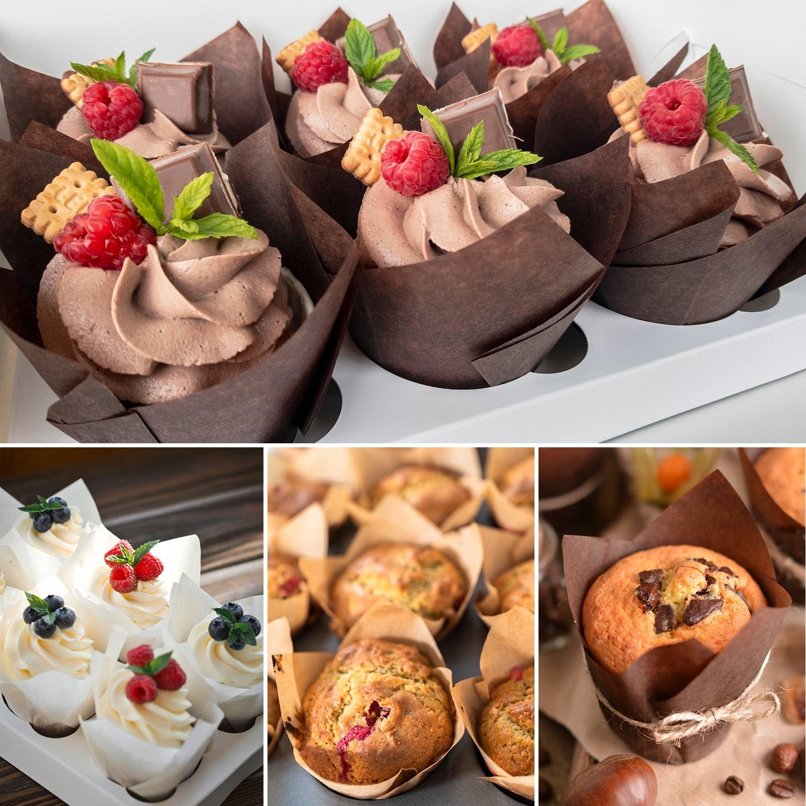 200PCS Tulip Cupcake Liners, Upgrade Parchment Paper Muffin Liners for Baking, Cupcake Wrapper for Party, Wedding, Birthday, Standard Size, Natural White Brown