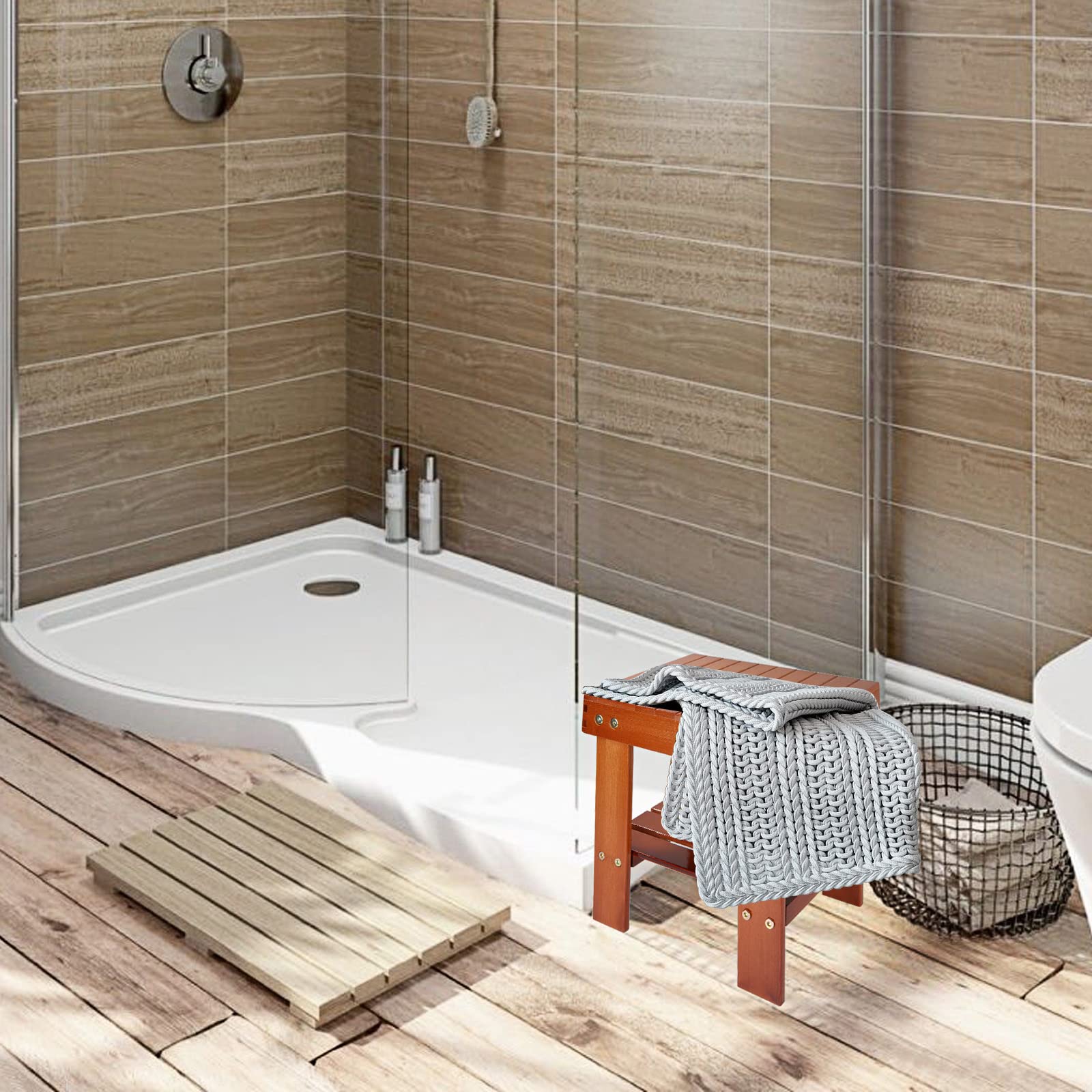 Bamboo Shower Bench Spa Stool 14 Inch Waterproof Shower Benches for Inside Shower with Storage Shelf, Small Wooden Seat Stool for Kids, Bathroom, Bedroom Kitchen Mudroom Foyer Entryway Shoe Bench