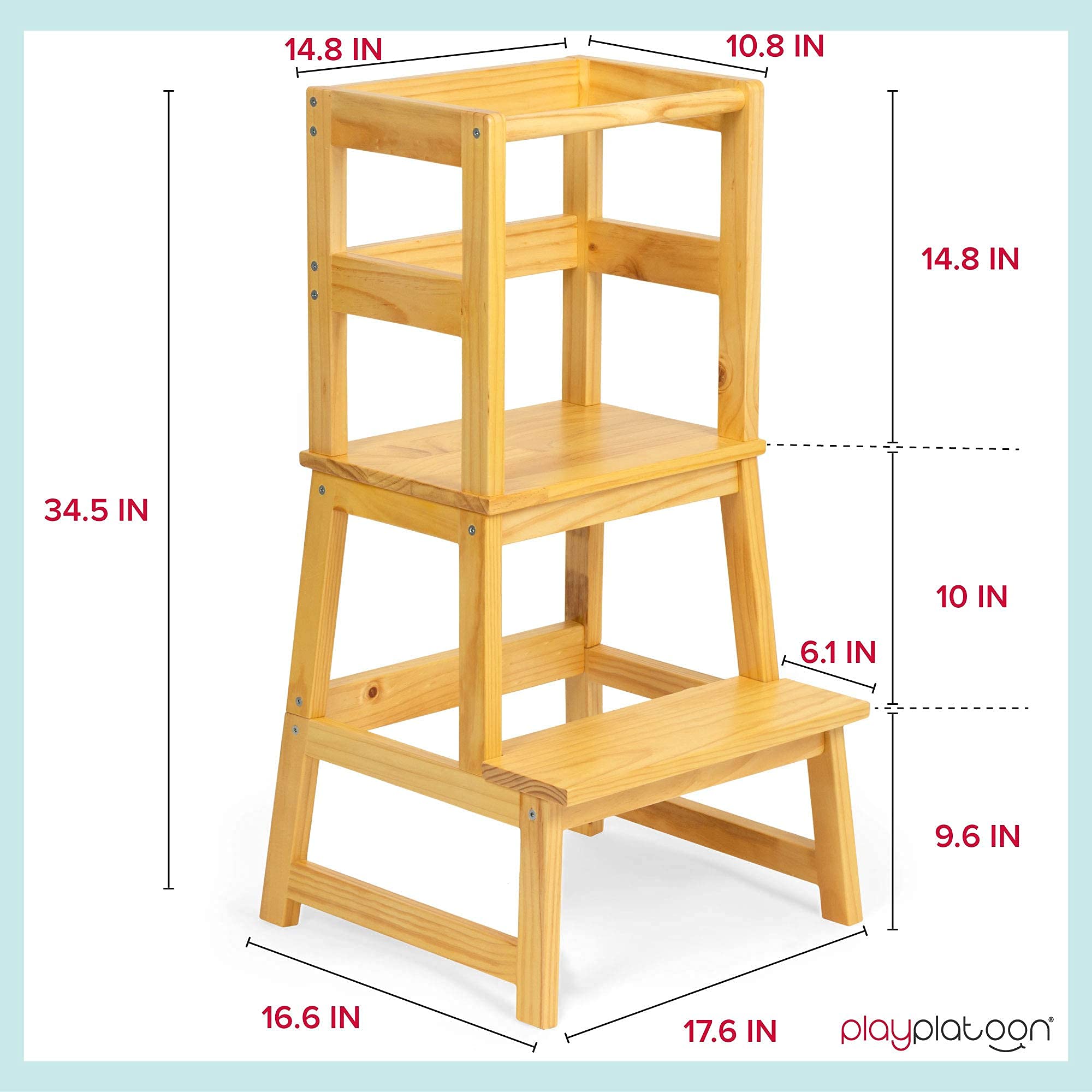 Play Platoon Toddler Kitchen Stool - Light Wood Wooden Step Stool Tower for Kids Counter Learning, Standing Tower for Kitchen Counter, 3 Heights Adjustable Solid Wood, Safe Non-Slip Mat