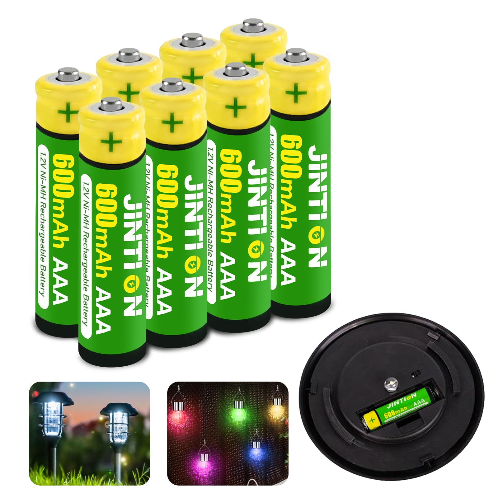 JINTION Ni-mh AAA 600mAh Battery 1.2V Triple A Rechargeable Batteries for Solar Outdoor Garden Lights, String Light, Pathway Lamp, Toys, 8 Pack