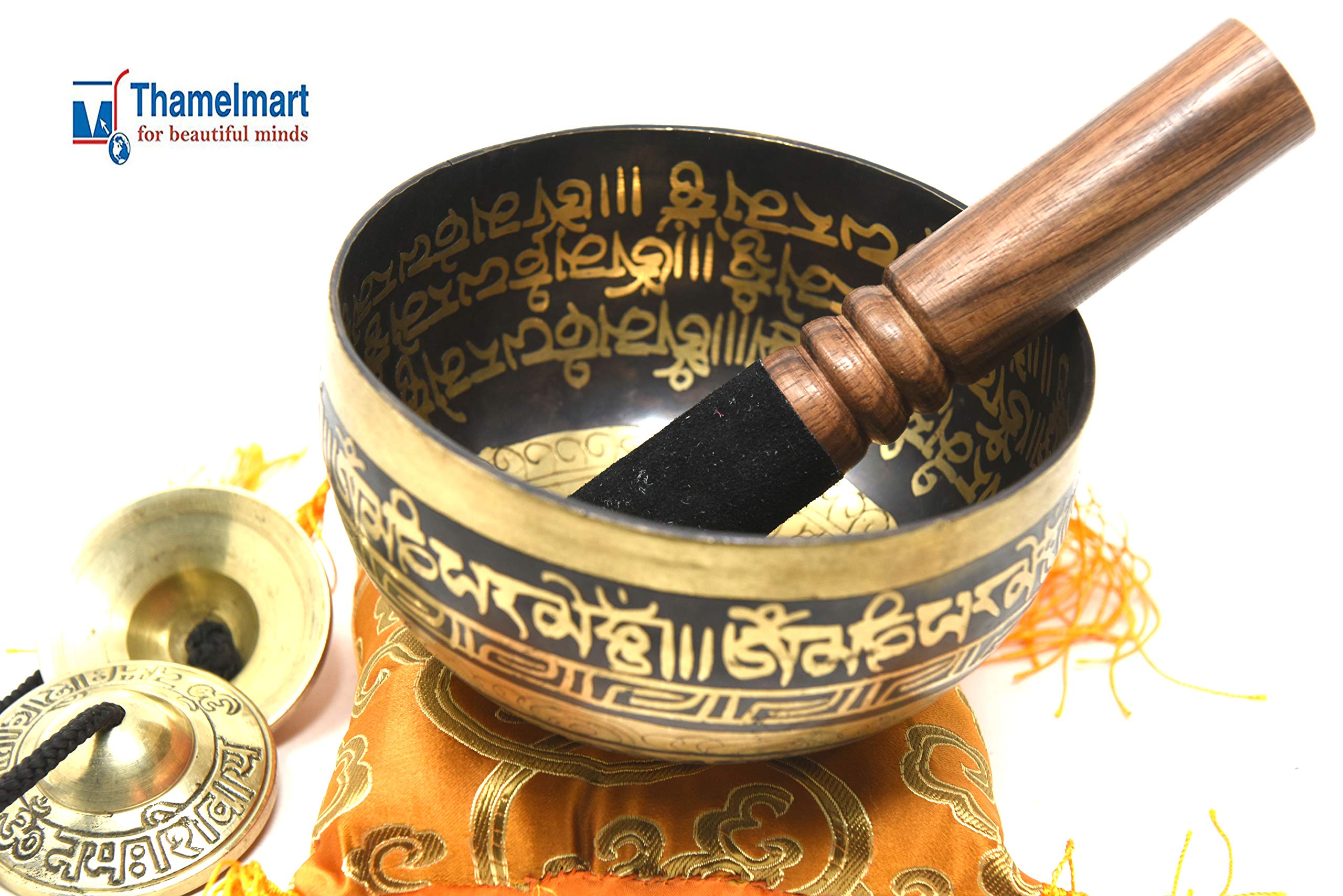 8" Healing Meditation Mantra Carved Singing Bowl, Etching Tibetan Art, Hand Hammered Singing Bowls with Silk Cushion, Gong & Mallet Striker